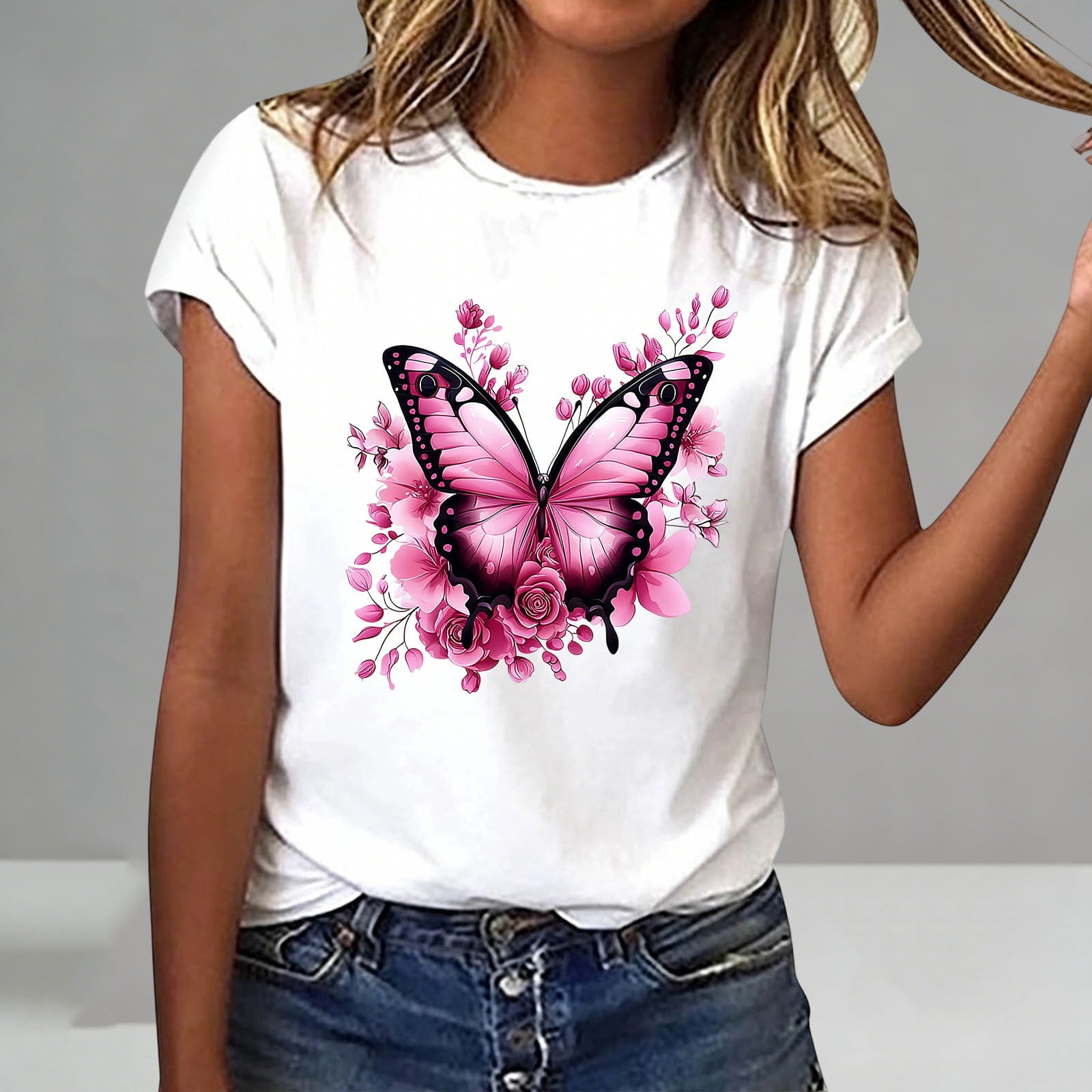 Cilsoka Women's Butterfly Print Tee Solid Short Sleeve Crew Neck Basic ...