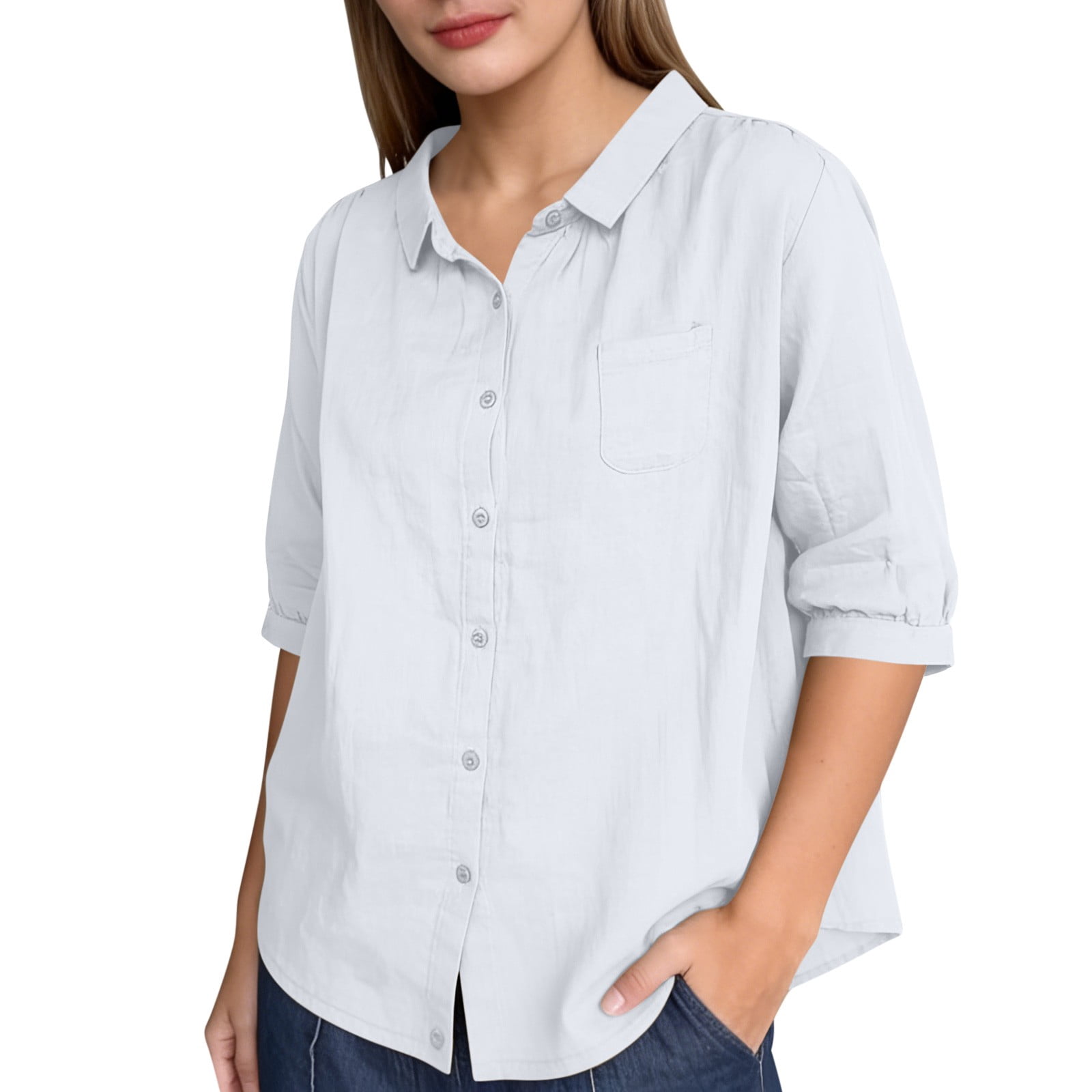 Cilsoka Women's Button Down Shirts Cotton Half Sleeve Regular-Fit ...