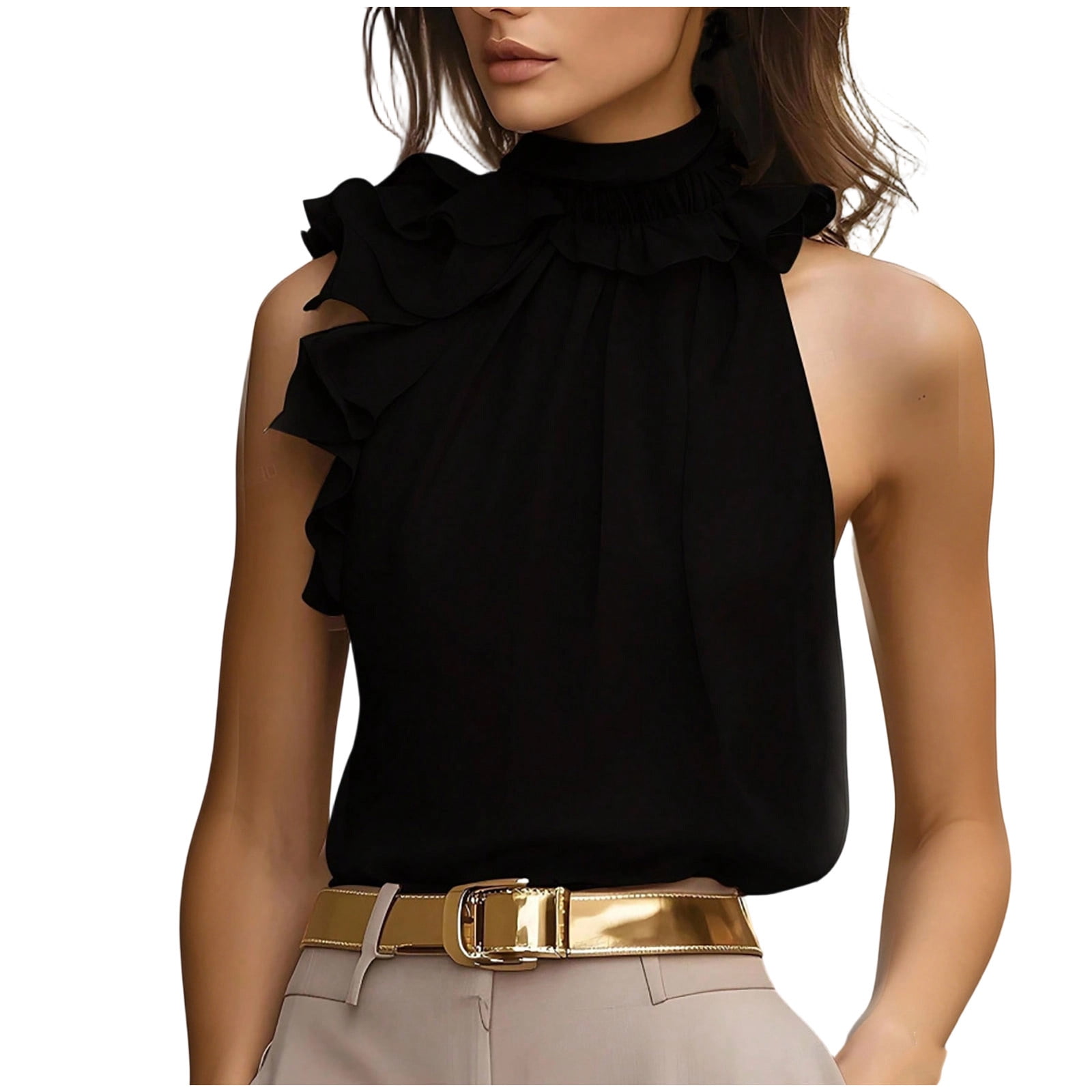 Cilsoka Women's Elegant Blouse Ruffle Trim Sleeveless Mock Neck Halter ...