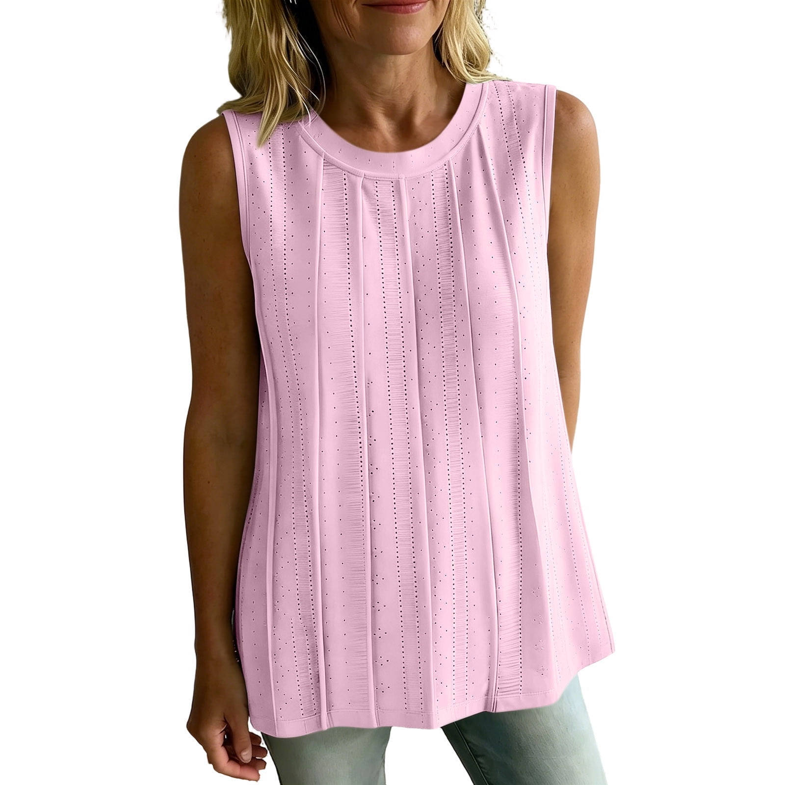Cilsoka Women's Eyelet Embroidered Pleated Tank Top Crew Neck ...