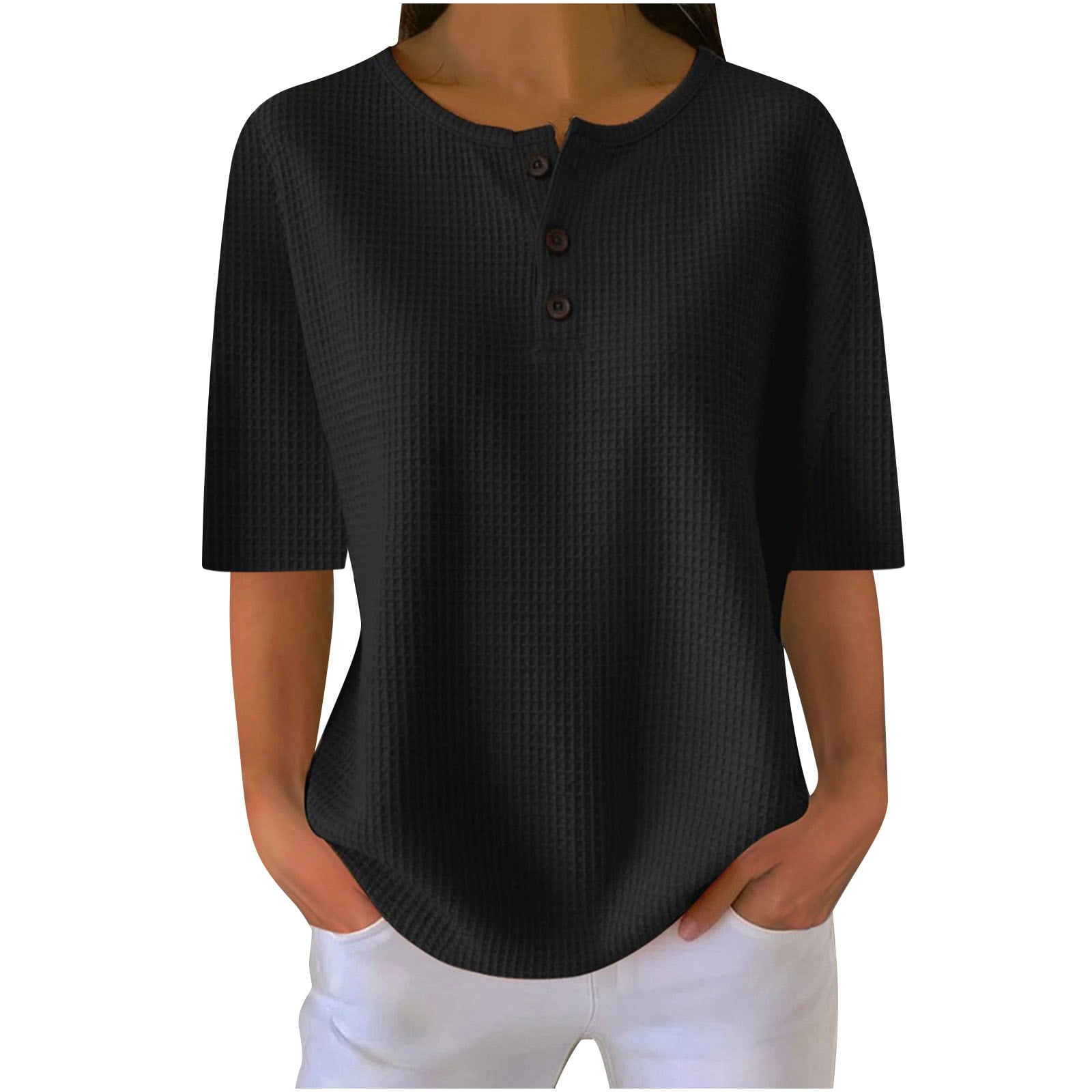 Cilsoka Women's Short Sleeve Waffle Knit Shirts Plus Size Dressy Casual ...