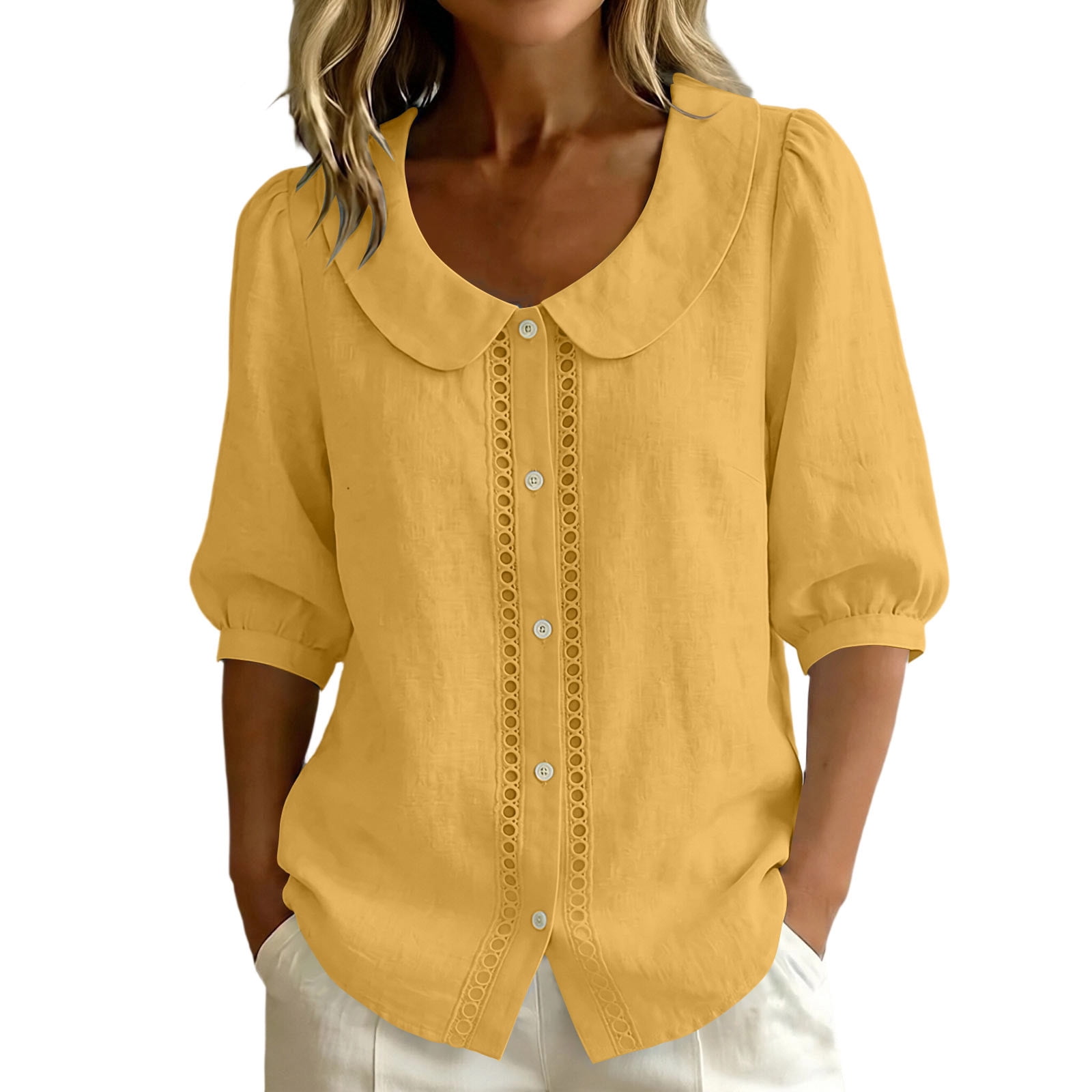 Cilsoka Womens 2026 Summer Cotton Linen Blouse Peter Pan Collar Half ...