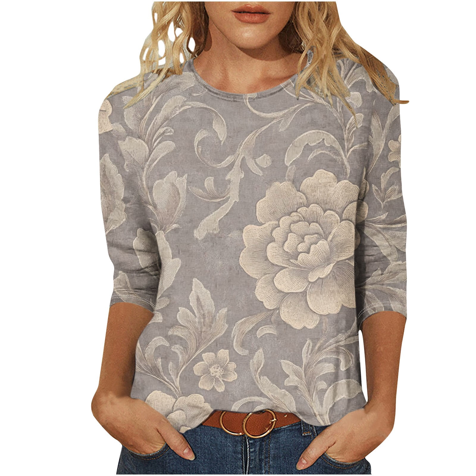 Cilsoka Womens 3/4 Sleeve Shirts V Neck Summer Floral Printed Shirt ...