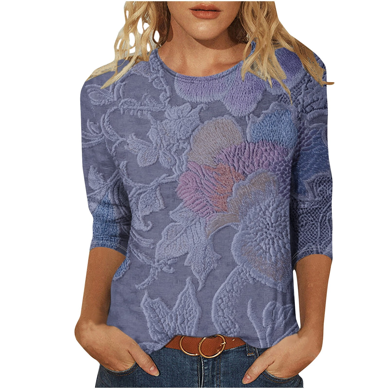 Cilsoka Womens 3/4 Sleeve Tops with Buttons Crew Neck Summer Outfits ...