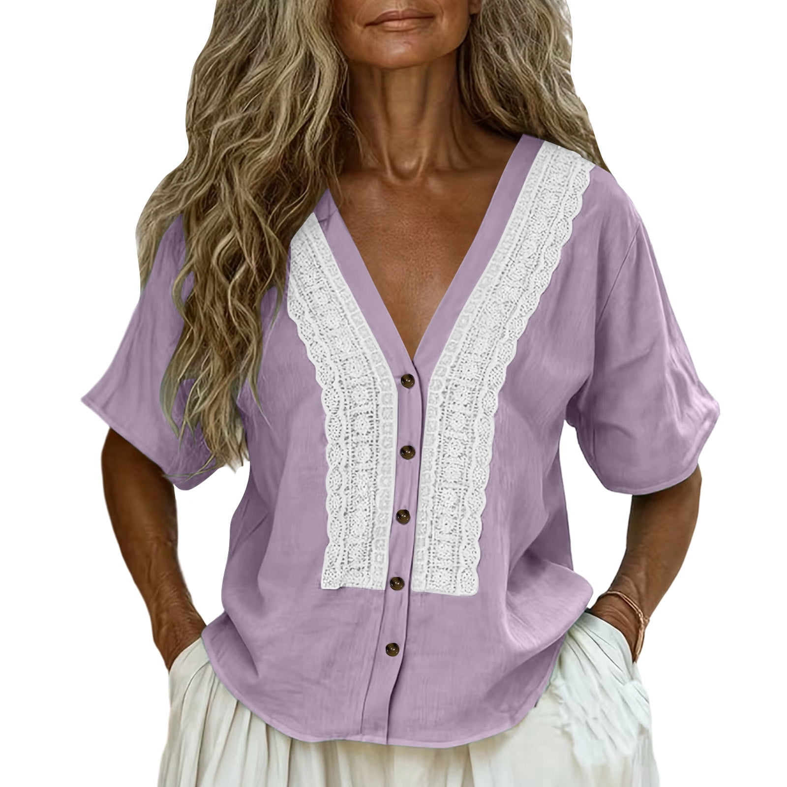 Cilsoka Womens Casual V Neck Short Sleeve Button Down Shirts Business ...