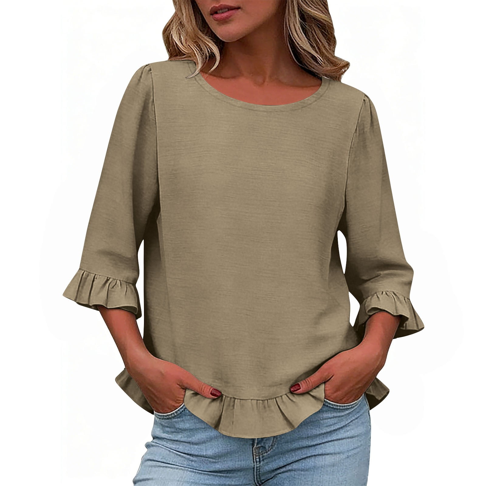 Cilsoka Womens Cute 3/4 Sleeve Tops Round Neck Lightweight Ruffle ...