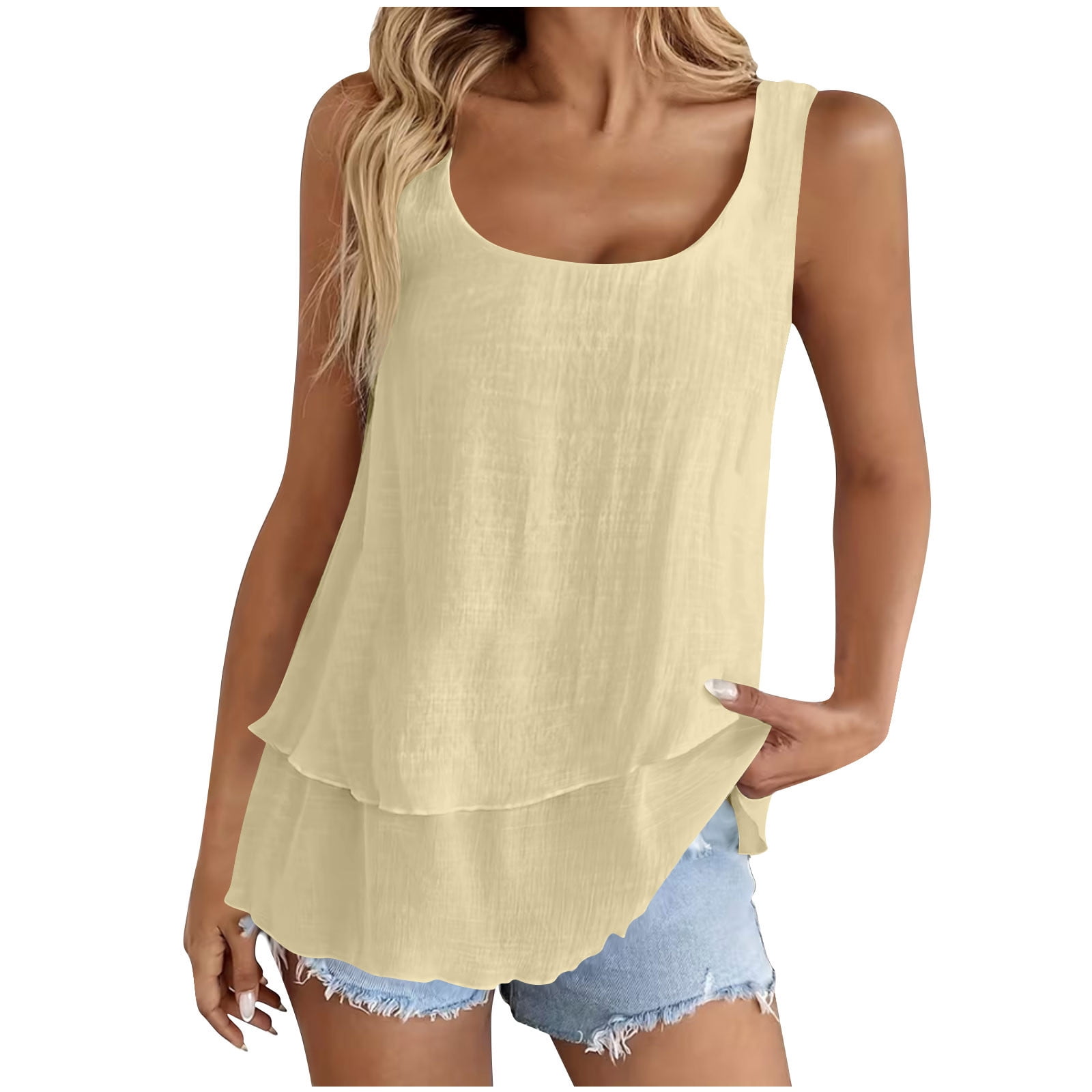Cilsoka Womens Linen Tank Tops Summer Double Layer Scoop Neck Blouse ...