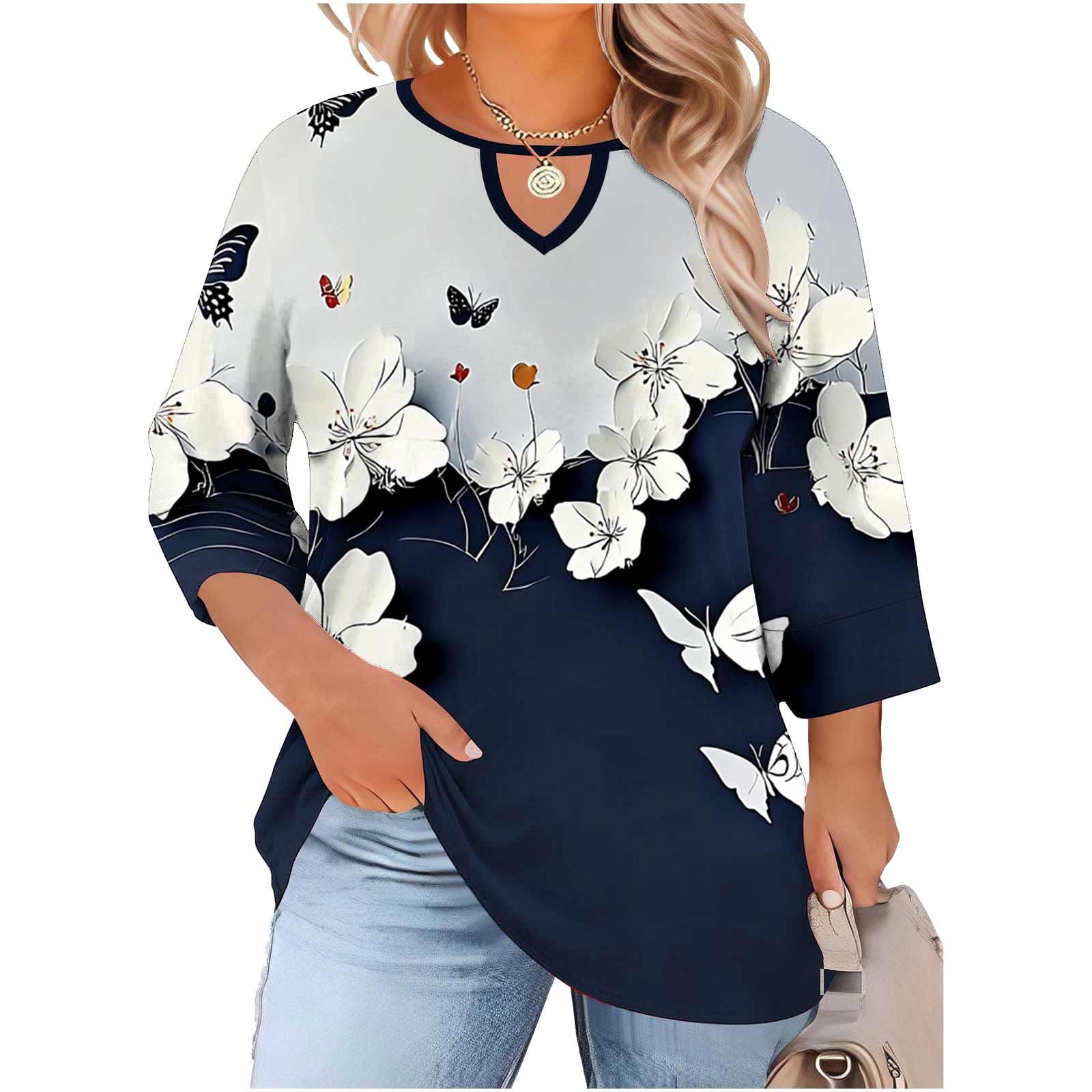 Cilsoka Womens Summer Fashion Tops 3/4 Sleeve Round Neck Shirts Casual ...
