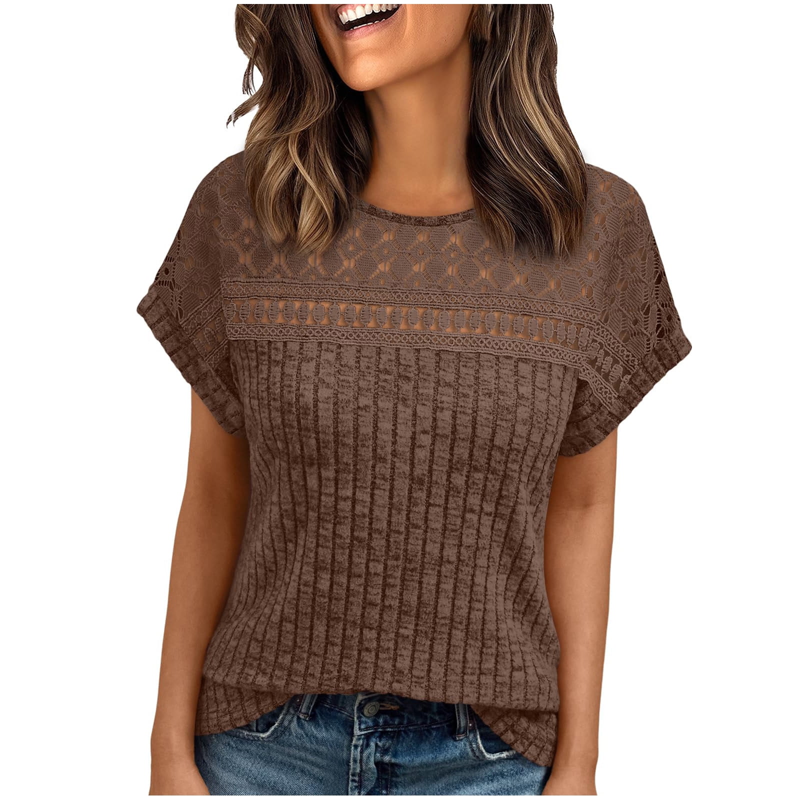 Cilsoka Womens Tops Dressy Casual Short Sleeve Shirts Boho Crochet Lace ...