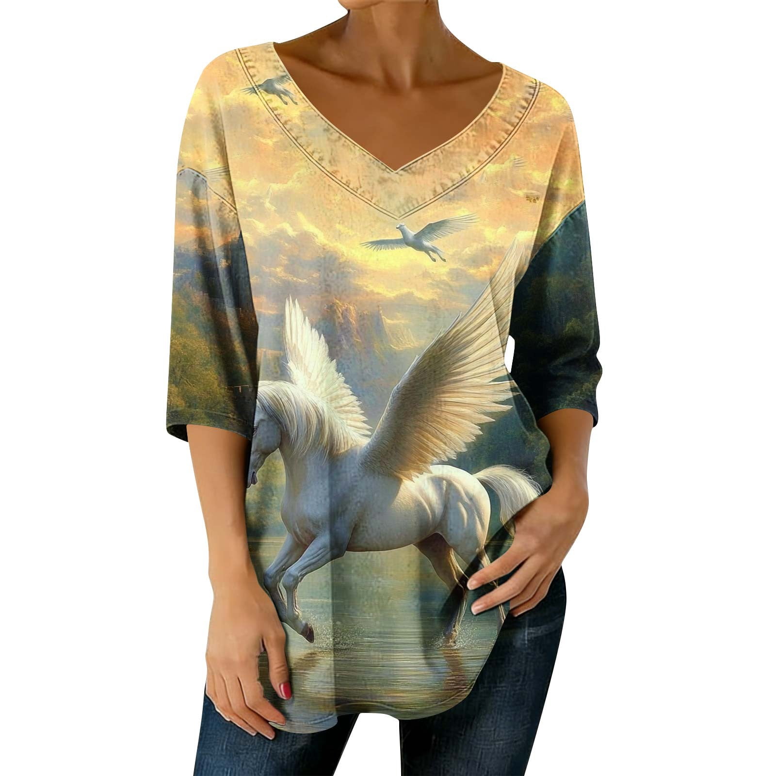 Cilsoka Womens Tops Horse Printed 3/4 Sleeve Western Vintage 3D Graphic ...