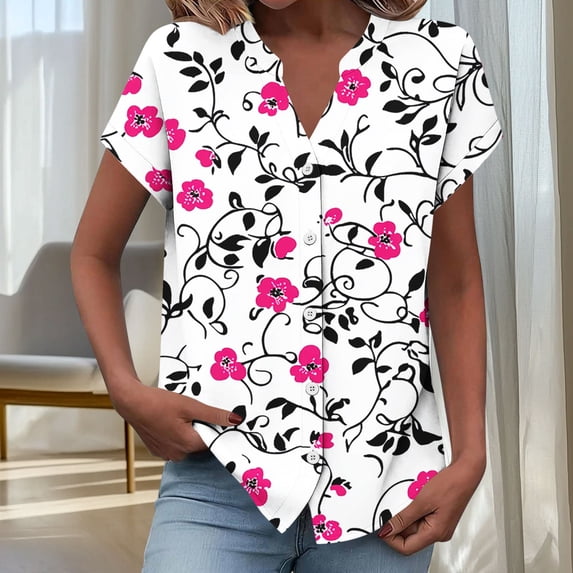Cilsoka Womens Tops Short Sleeve Shirts Buttons V Neck Fashion Summer ...