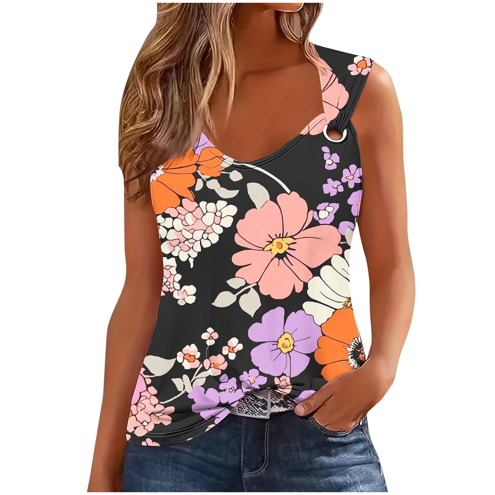 Cilsoka Womens V Neck Tops Flowers Graphic Tank Tops Sleeveless Summer ...
