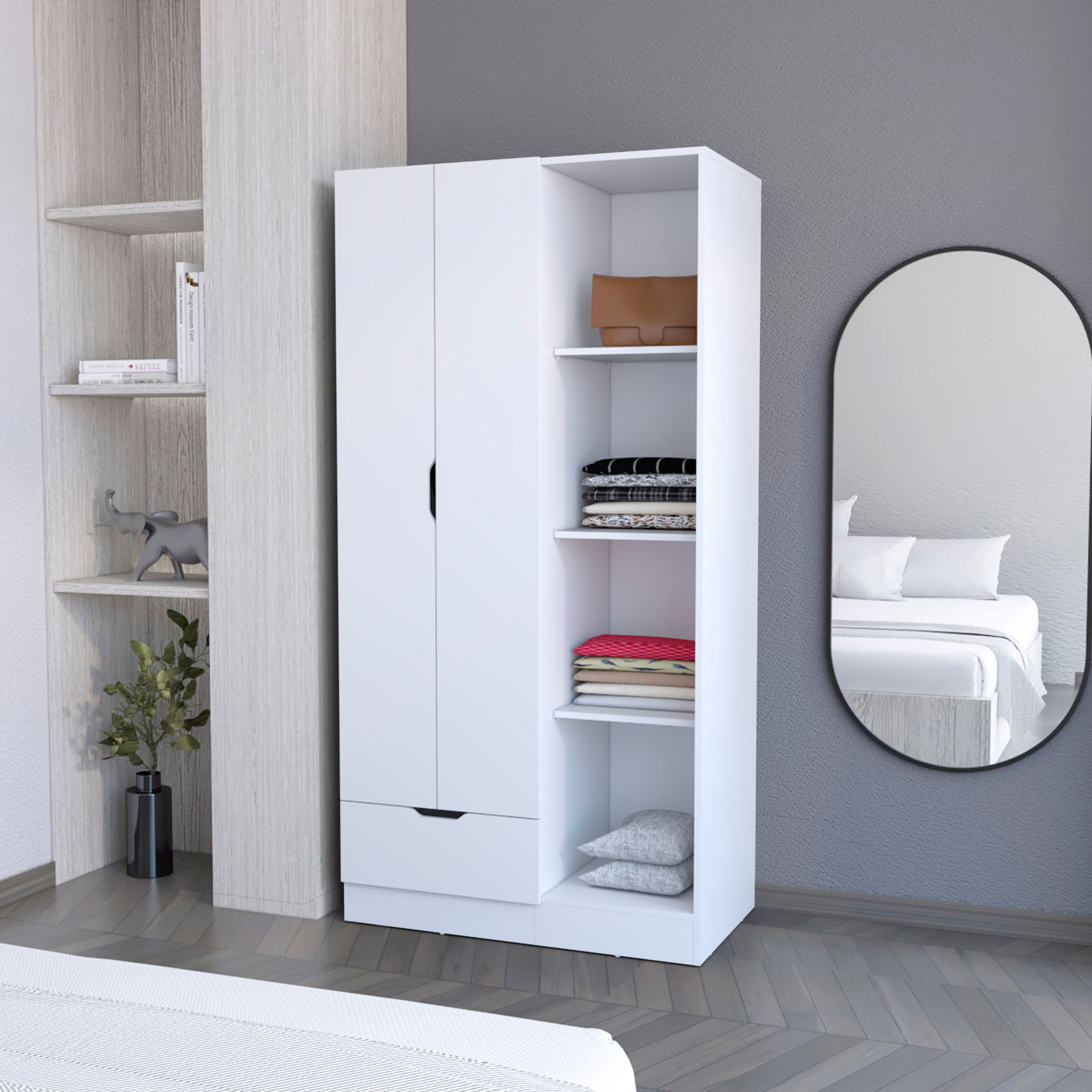 Cimarron 2-Door Armoire with Open Compartment, White Storage Closet ...