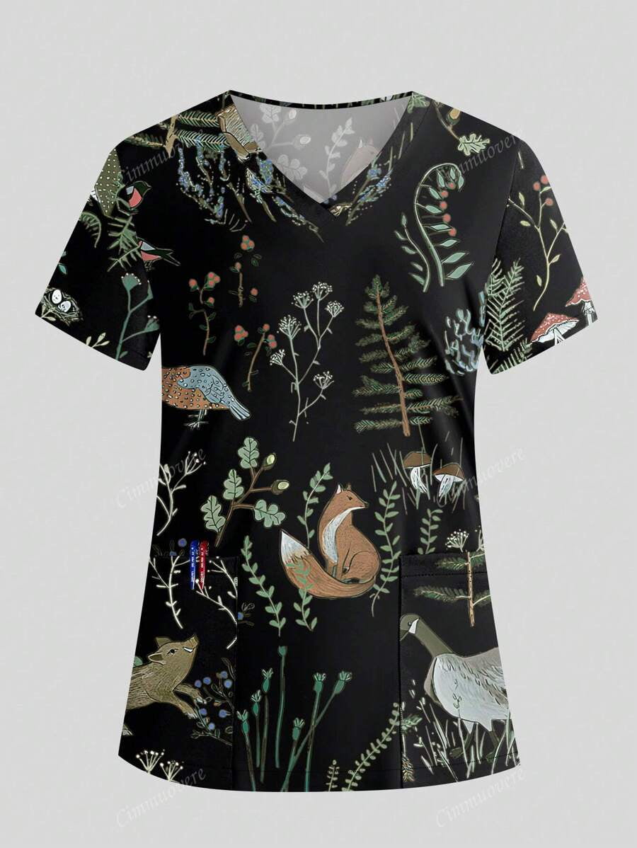 Cimmuovere Women's Printed V-Neck Multi-Pocket Scrubs Nurse Scrubs ...