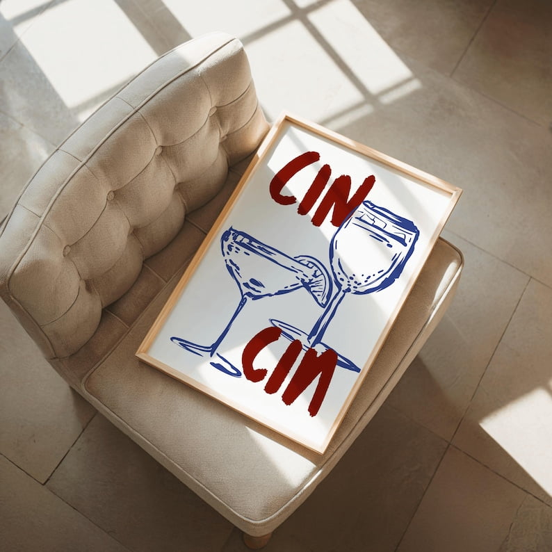 Cin Art Poster Bar Cart Decor Cheers Salud Cocktail Retro Italian ...