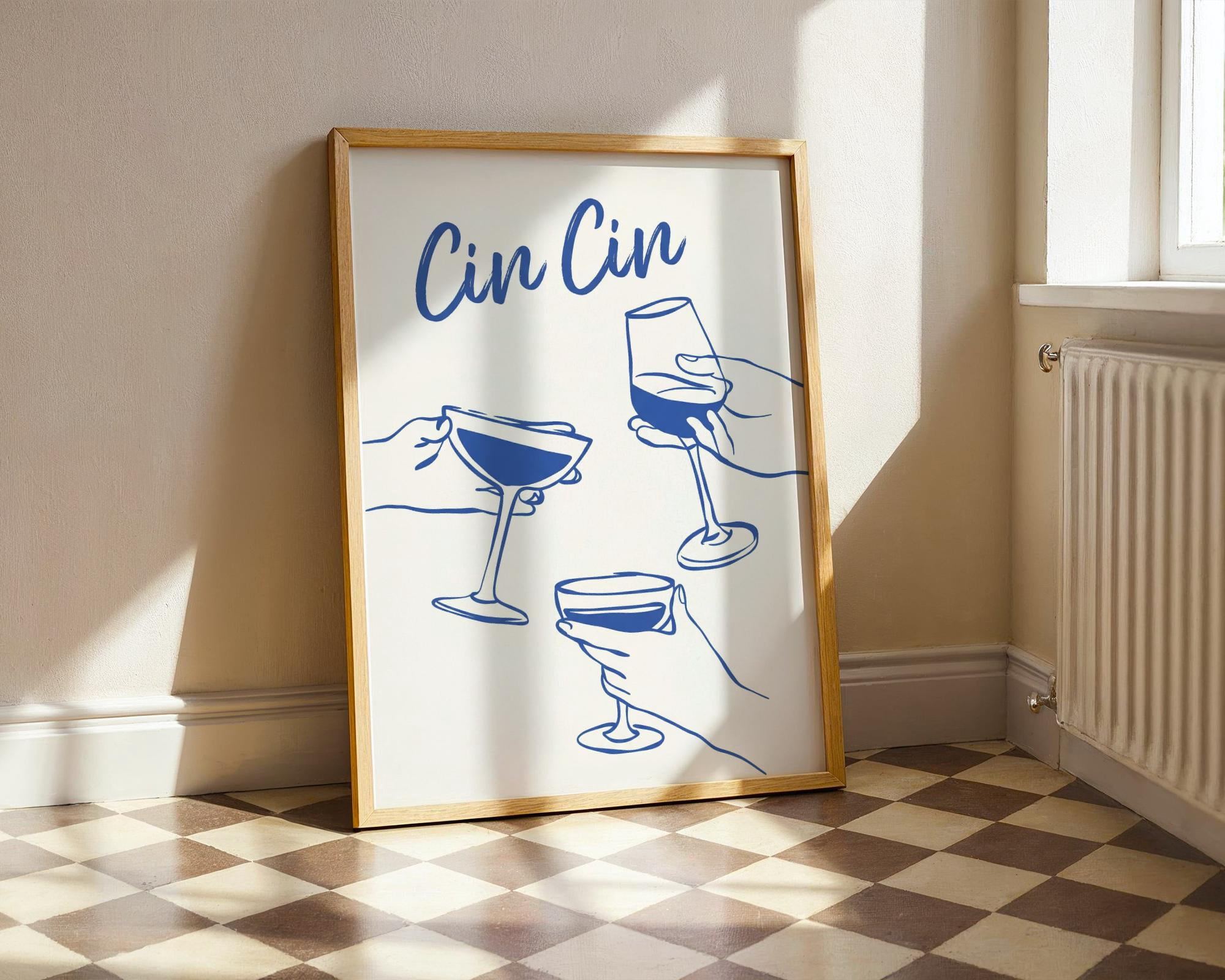 Cin Cin Poster Aperitivo Wall Art Blue Line Art Wine Art Print Kitchen ...