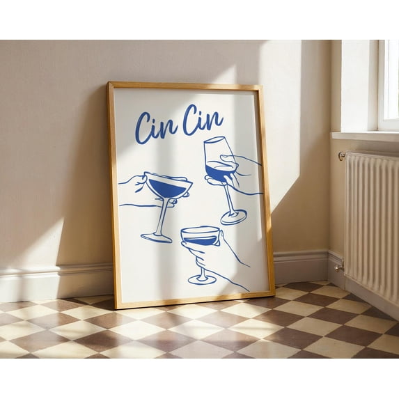 Cin Cin Poster Aperitivo Wall Art Blue Line Art Wine Art Print Kitchen ...