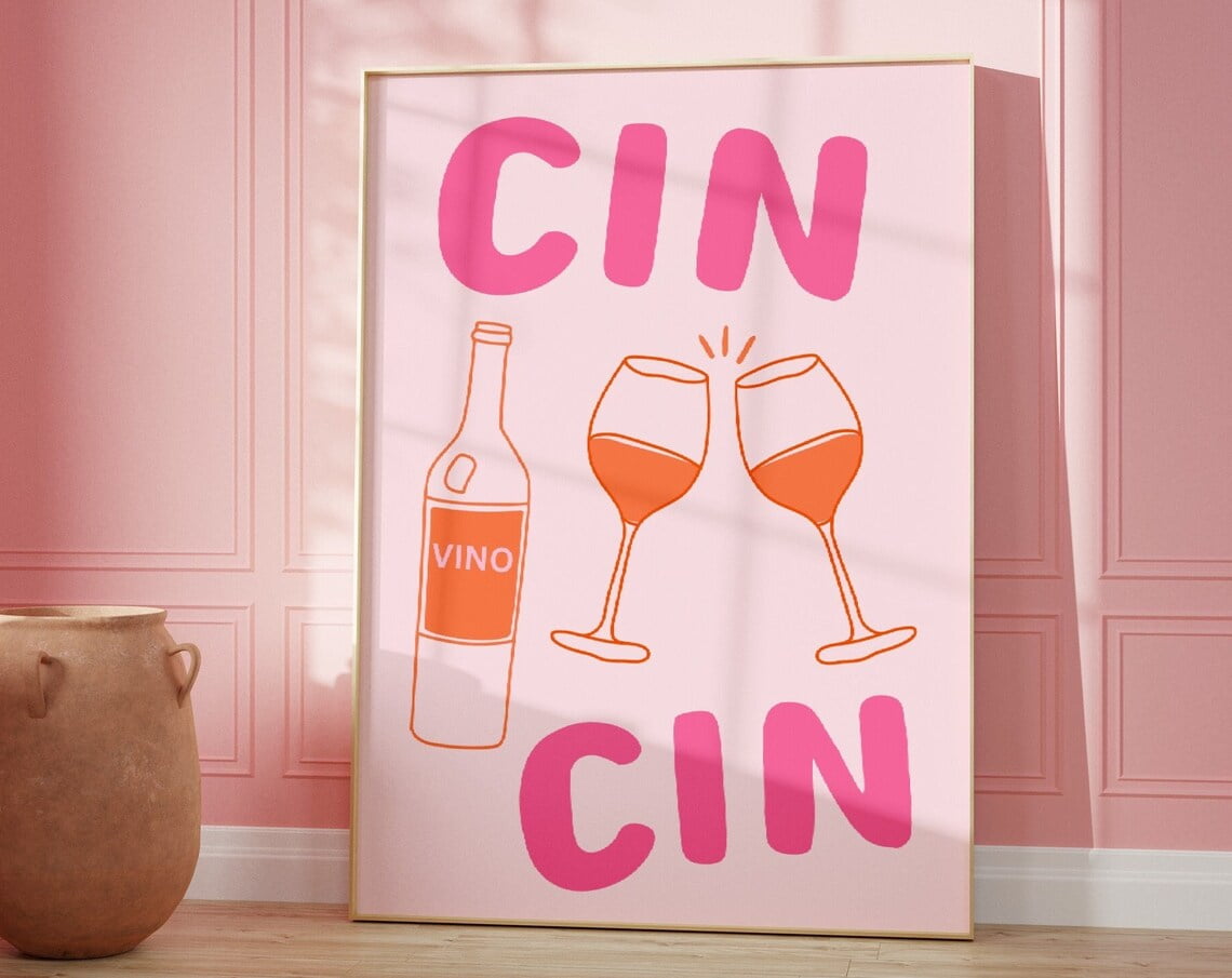 Cin Cin Print, Wine Glass Cheers Poster, Pink Kitchen Wall Art, Bar Cart Decor, Cocktail Print ...