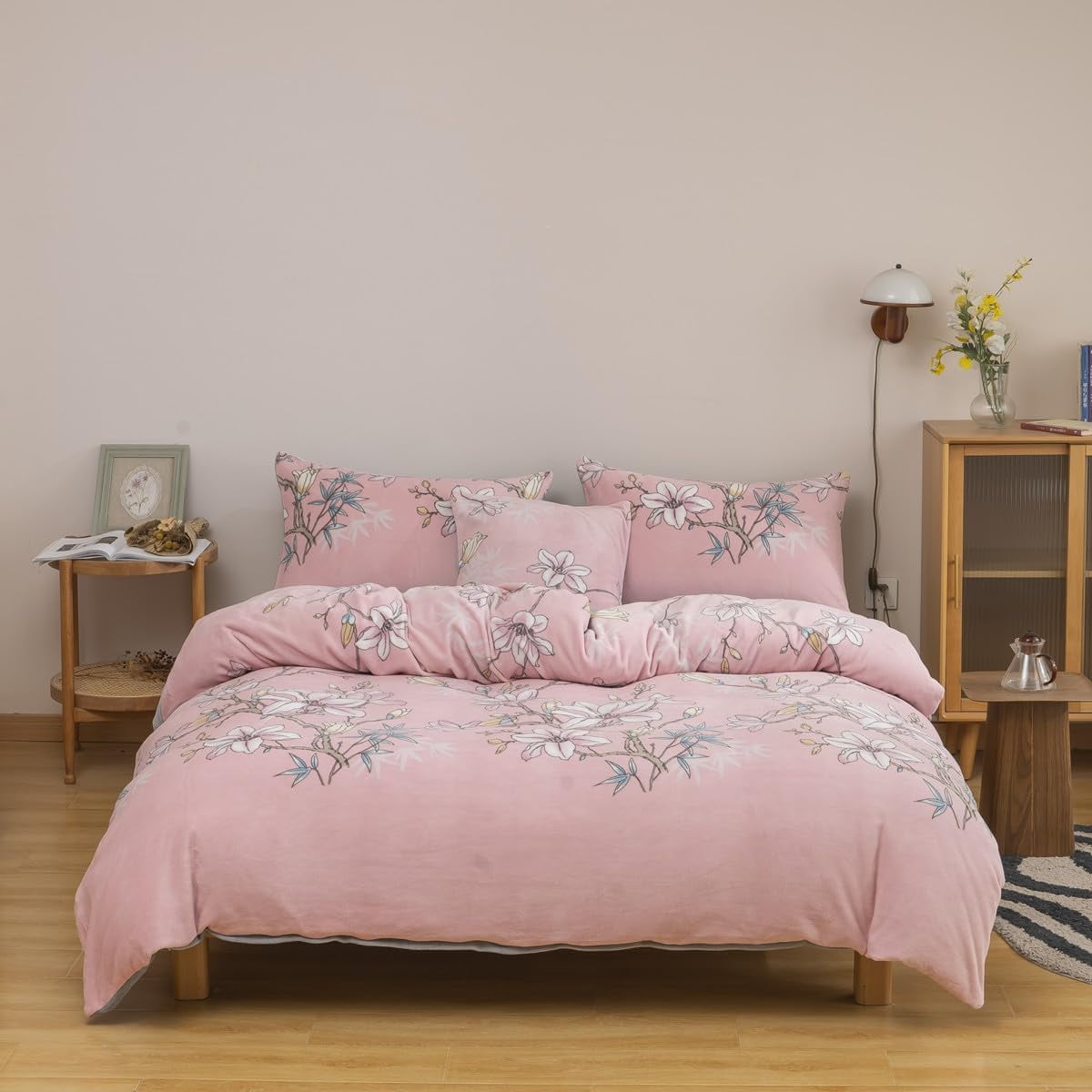 CinYana Fluffy Floral Duvet Cover Pink Peach Blossom Duvet Cover Set 5 Piece Furry Fuzzy ...