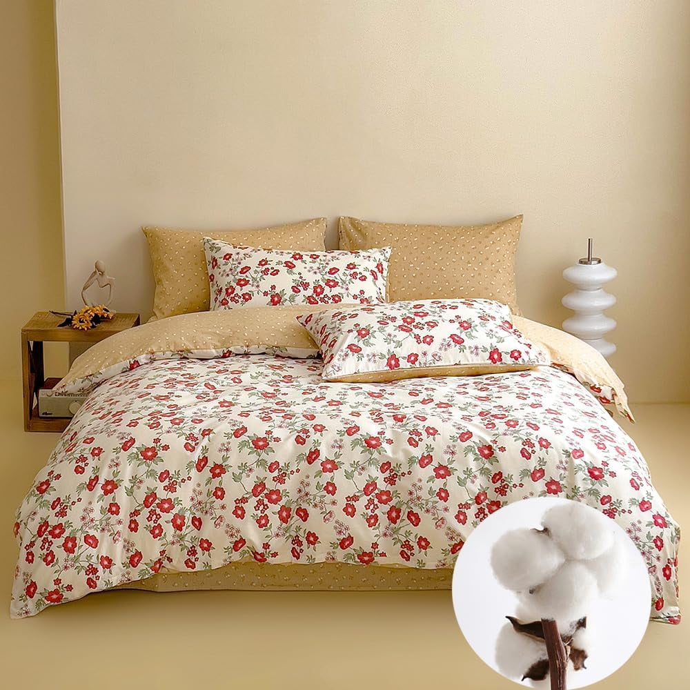 CinYana Red Floral Duvet Cover Set Reversible 100% Cotton Duvet Cover ...