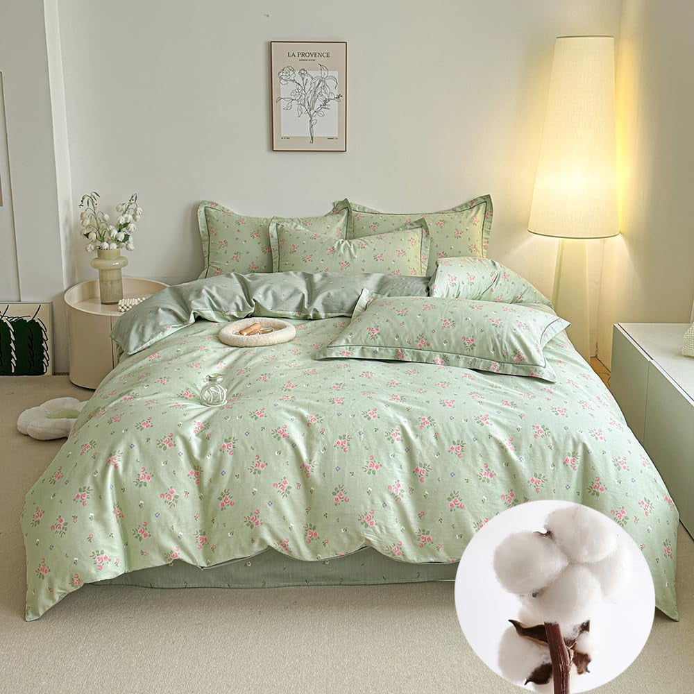 CinYana Sage Green Floral Duvet Cover Set Reversible 100% Cotton Duvet ...