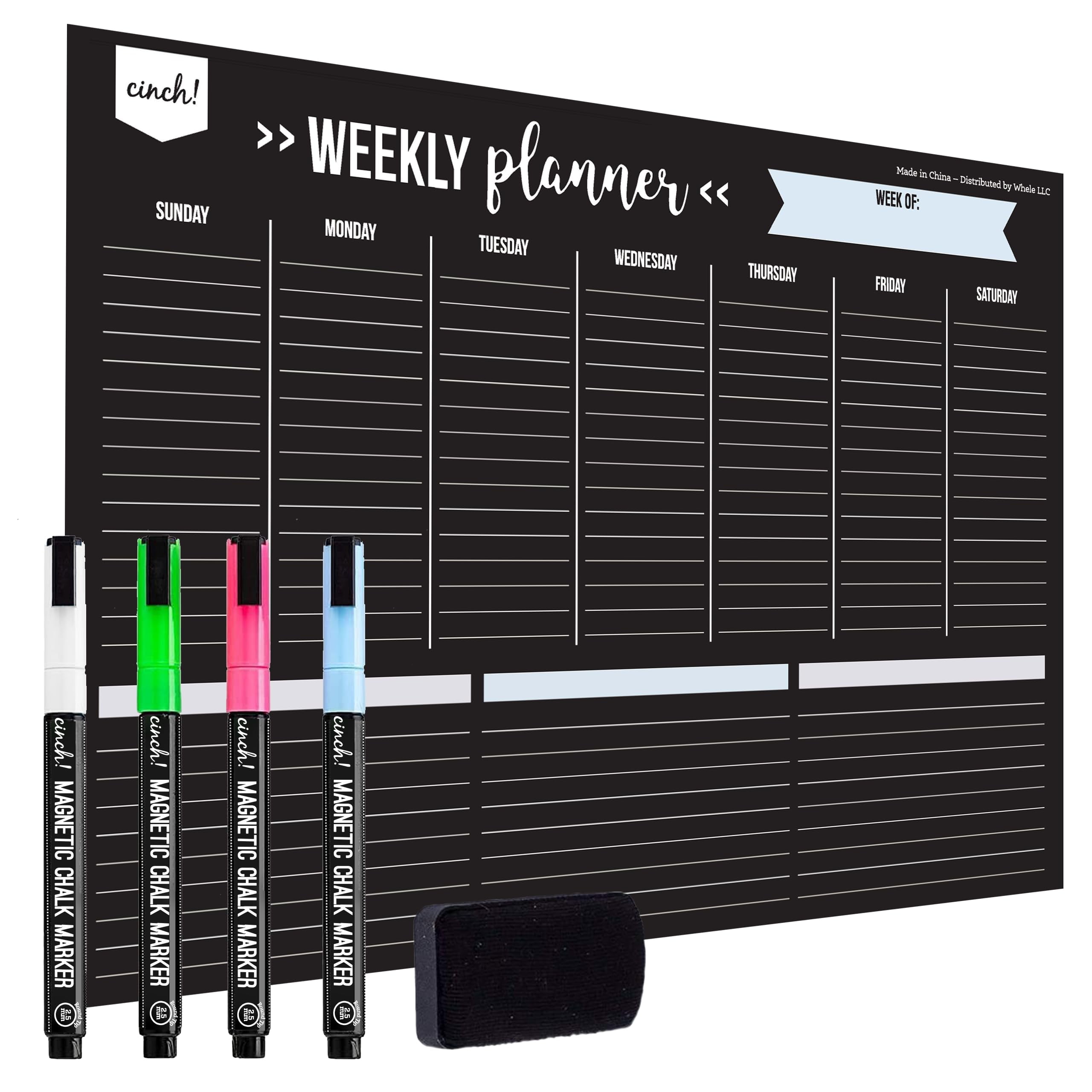 Cinch! 17x12-Inch Magnetic Dry Erase Weekly Planner for Fridge - Black ...