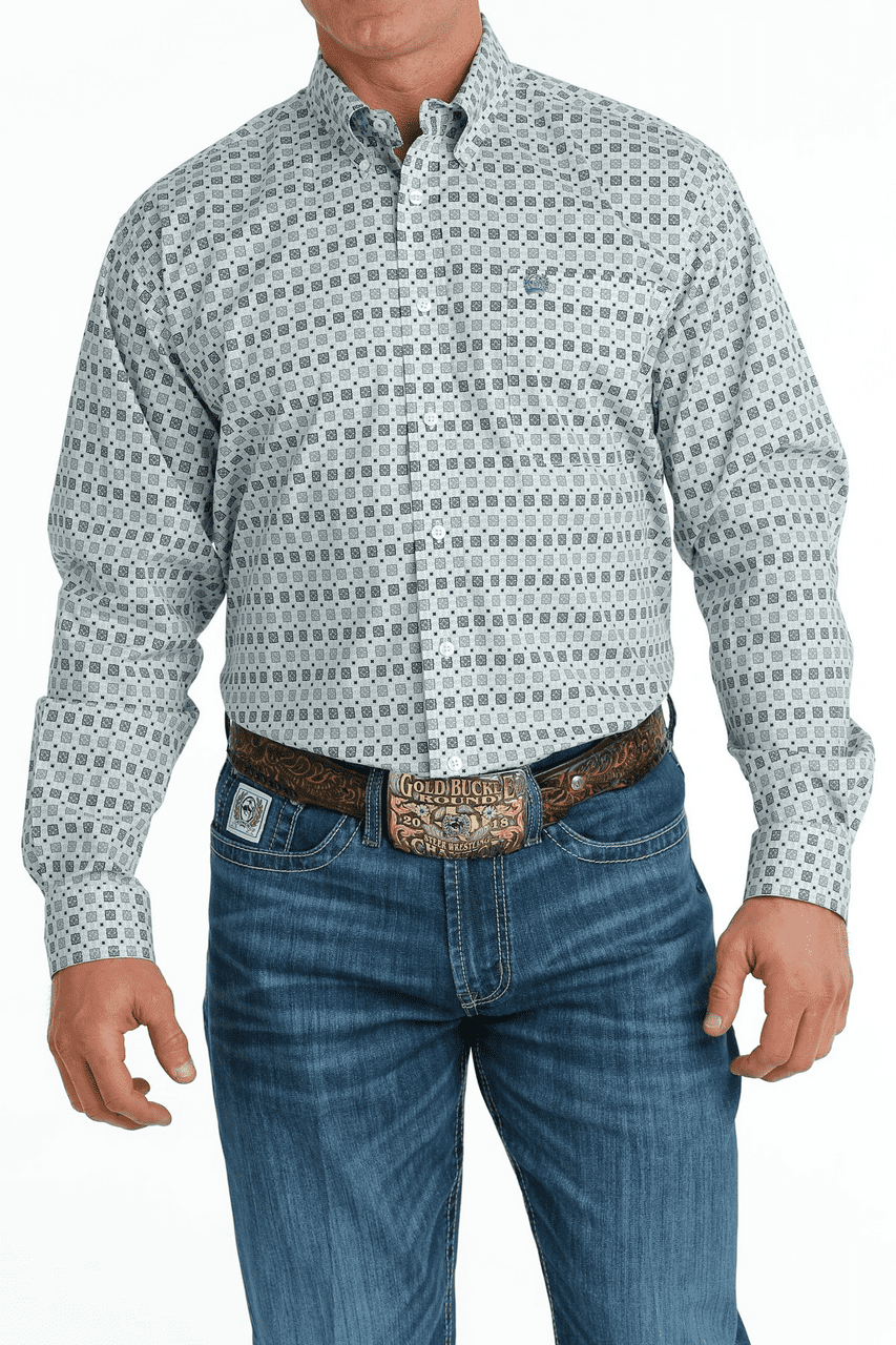 Cinch Men's White Square Print Button Down Shirt MTW1105691 - Walmart.com