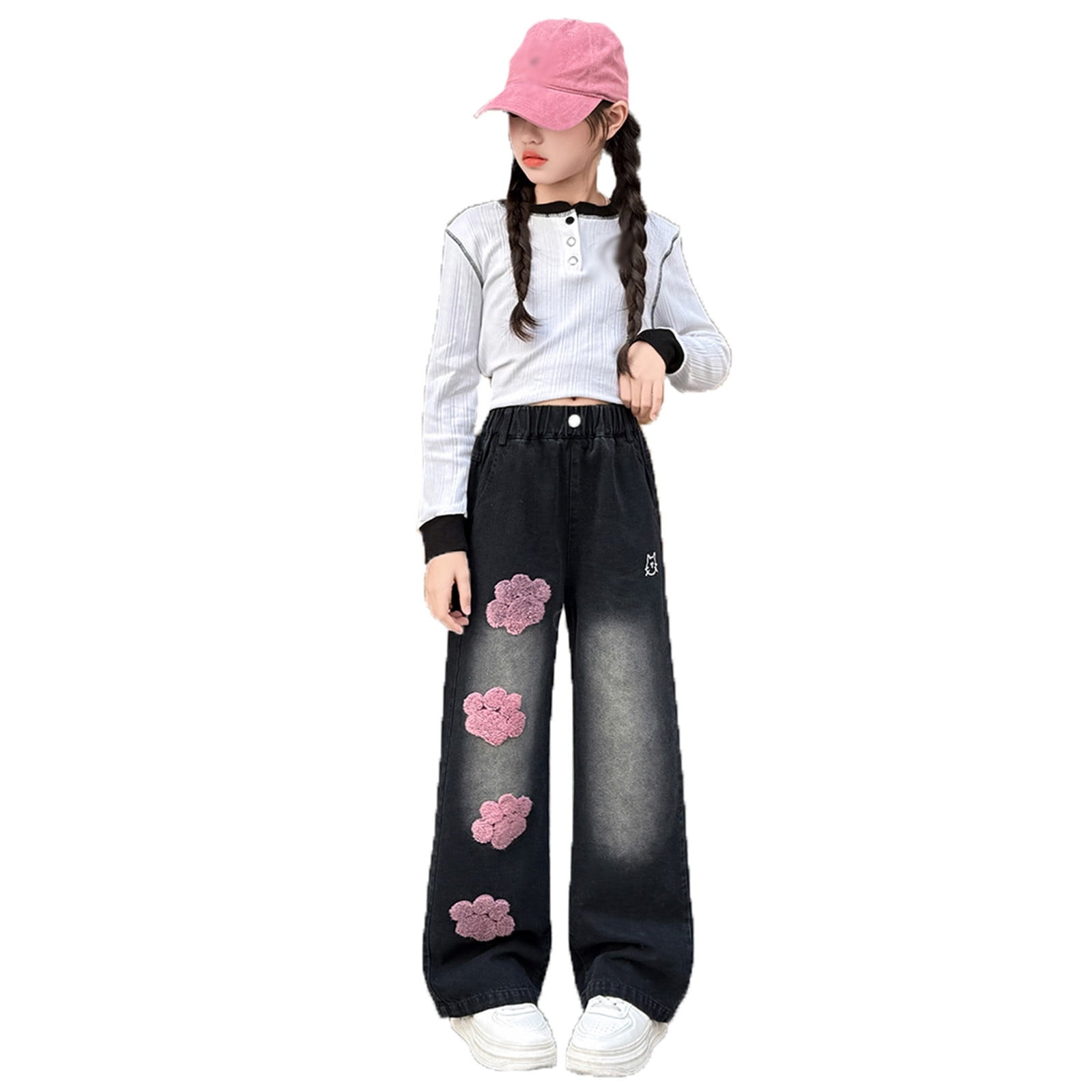 Cinch Waist Jeans Denim Jeans Floral Embroidered Denim Pants for Girls ...