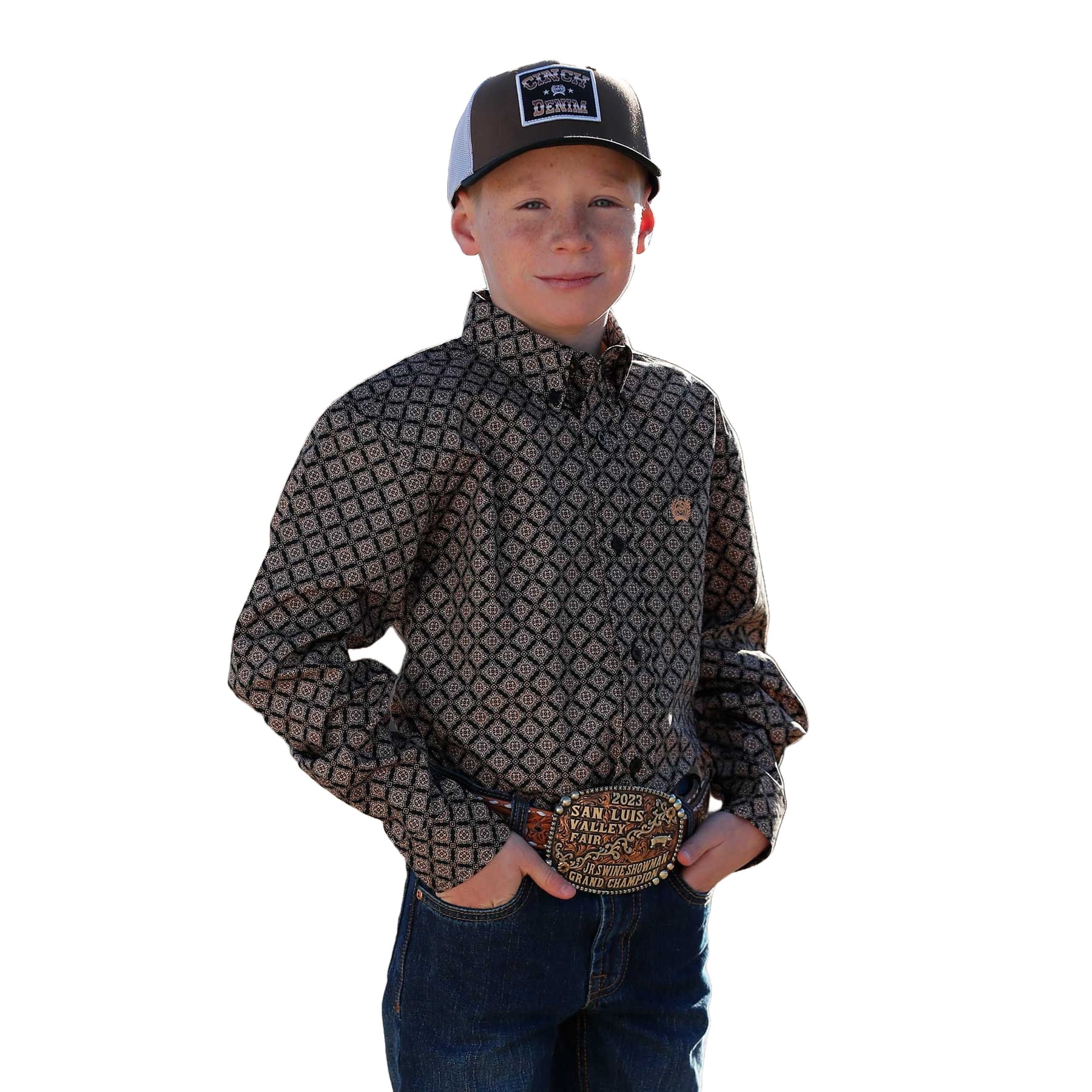 Cinch Youth Boy's Diamond Print Button Down Black Western Shirt ...