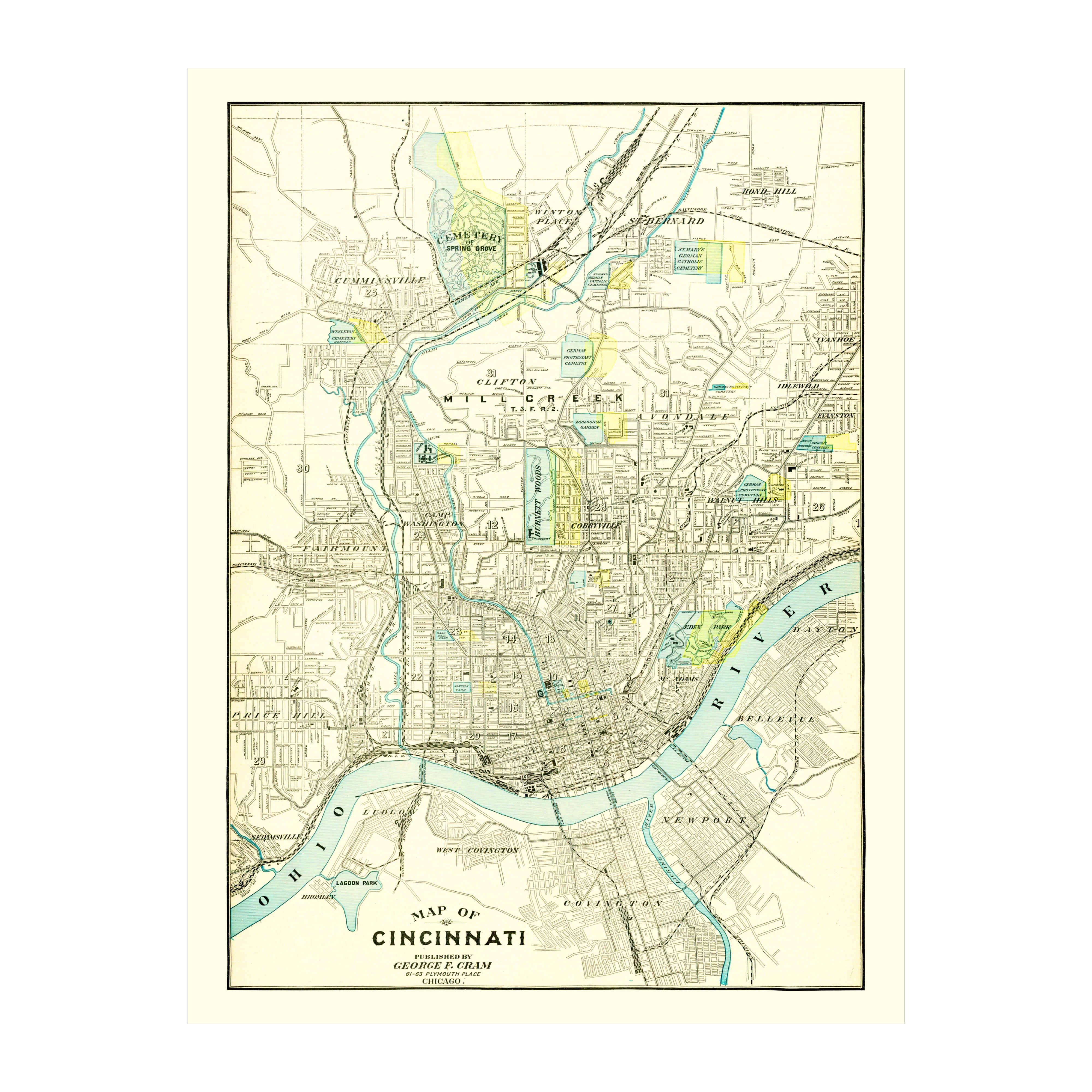 Cincinnati Art, 1895 Vintage Map of Cincinnati Ohio, OH History Wall ...
