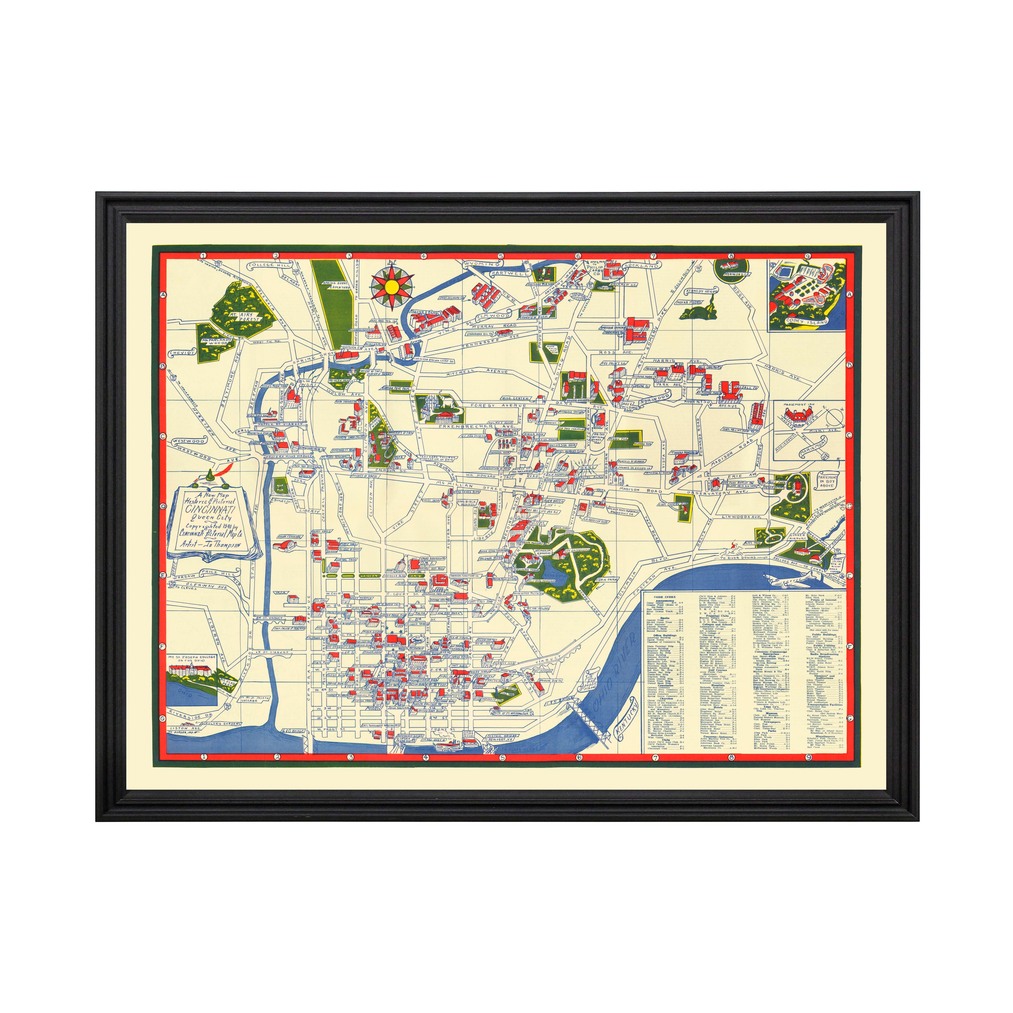 Cincinnati Art, 1940 Vintage Map of Cincinnati Ohio, OH History Wall ...