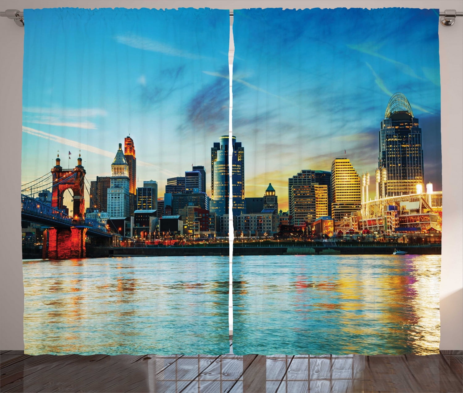 Ambesonne Cincinnati Curtains 2 Panel Set, Overview Early Morning, 108 ...