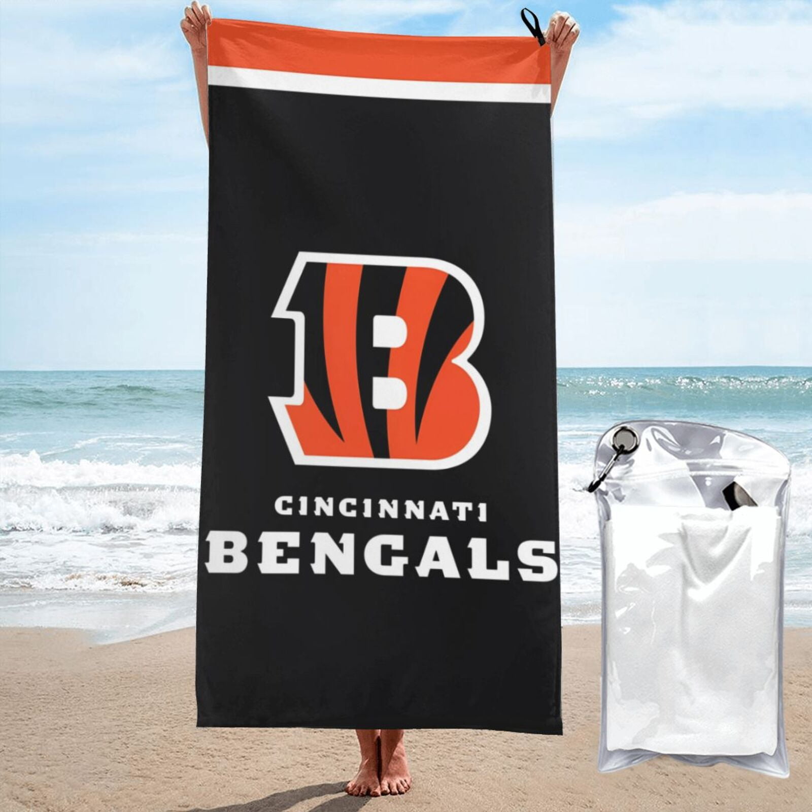 Cincinnati Football Team Microfiber Bath Towel with Storage Bag and Carabiner Clip, Quick Dry ...