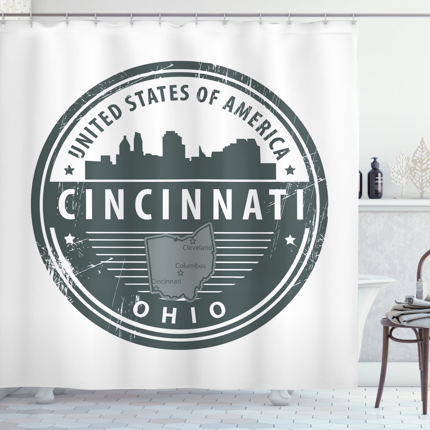 Cincinnati Shower Curtain, Aged America State Authentic Round Emblem of ...