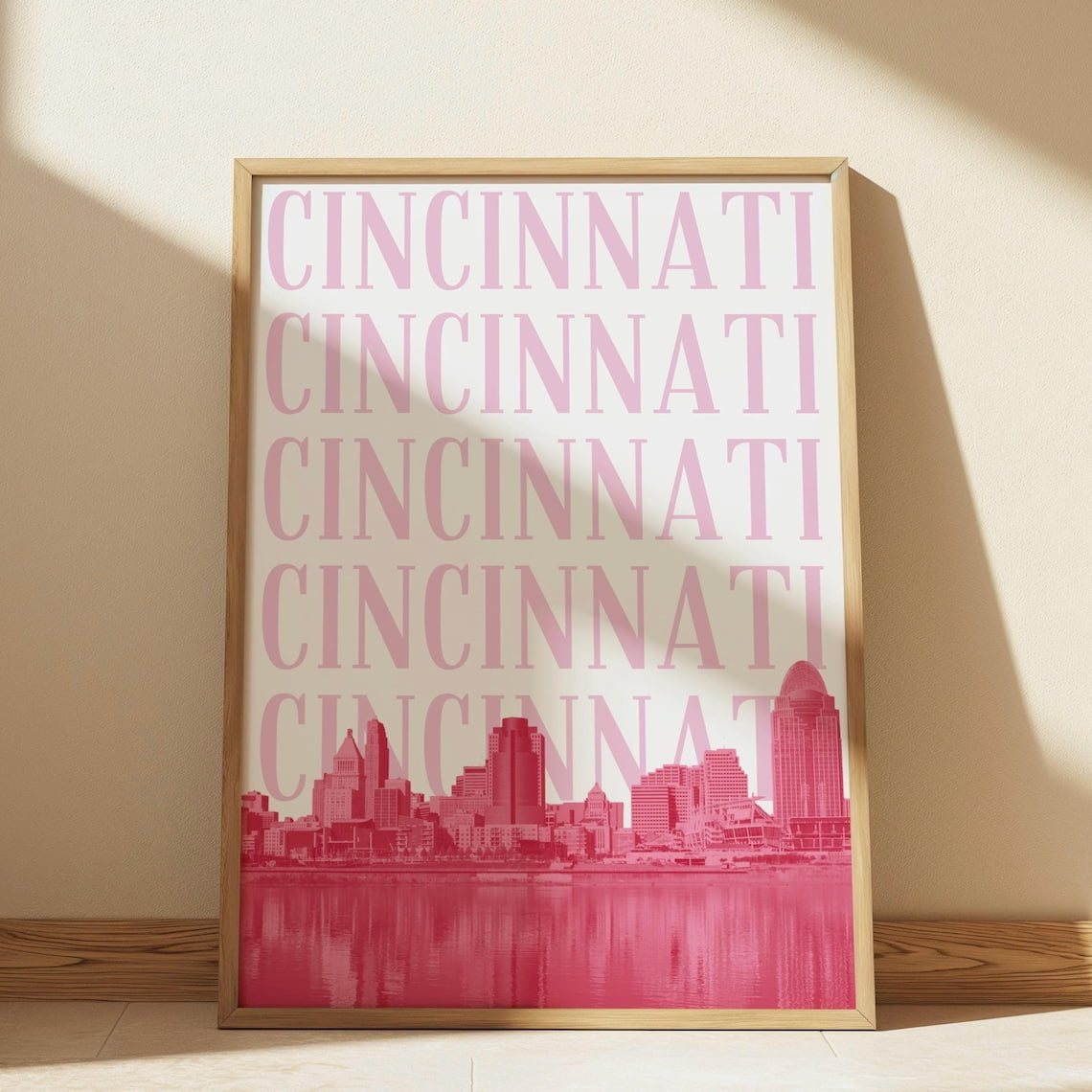 Cincinnati Travel Poster Wall Art Pink Skyline Retro Decor, Unframed ...