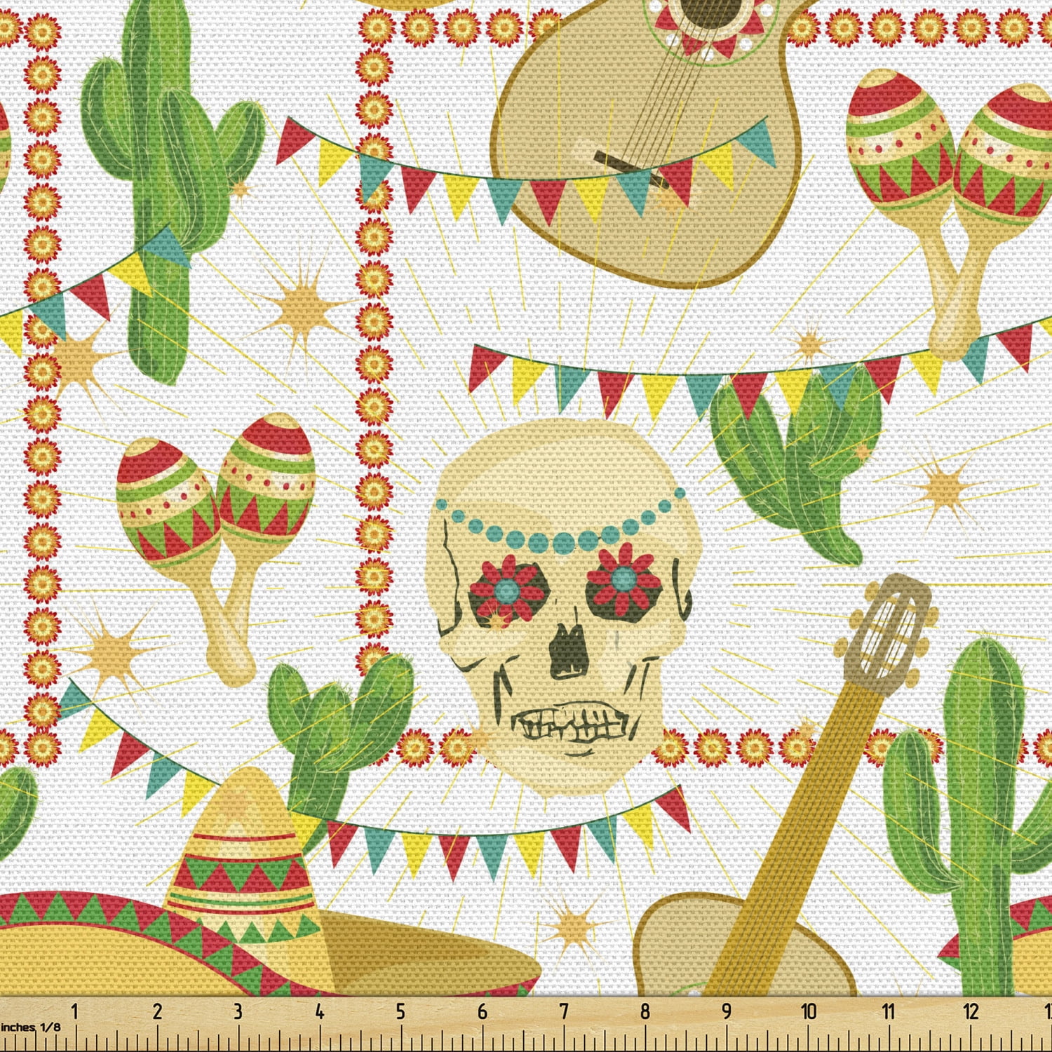 Ambesonne Cinco de Mayo Fabric by the Yard Upholstery, Skull Guitar ...