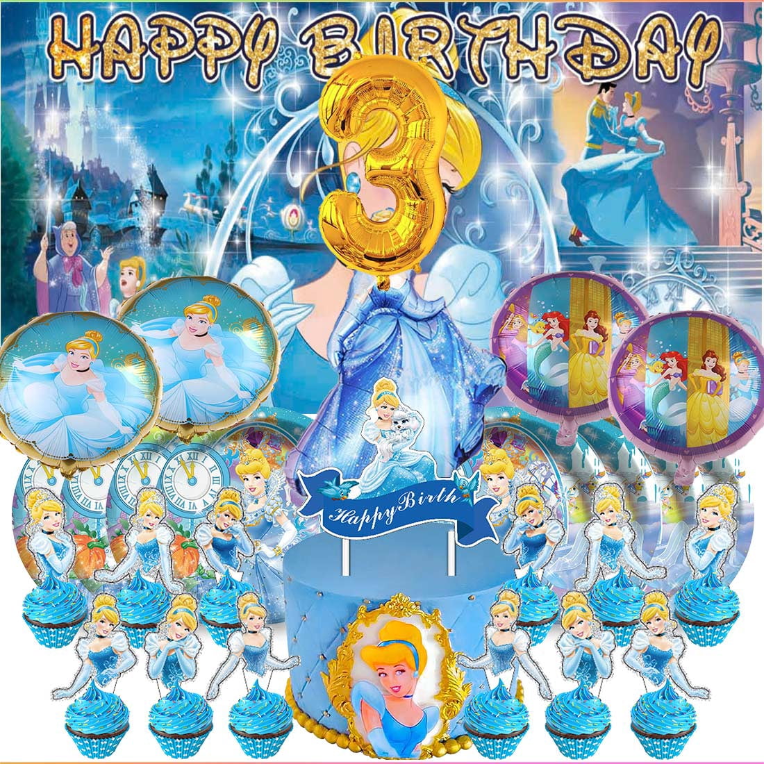 Cinderella 3rd Tableware Balloons Cake Toppers Backdrop Banner Supplies ...