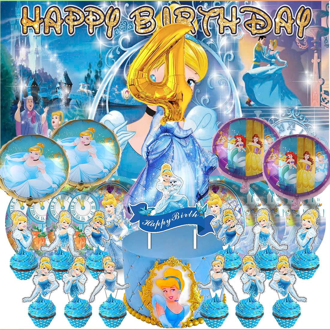 Cinderella 4th Tableware Balloons Cake Toppers Backdrop Banner Supplies ...