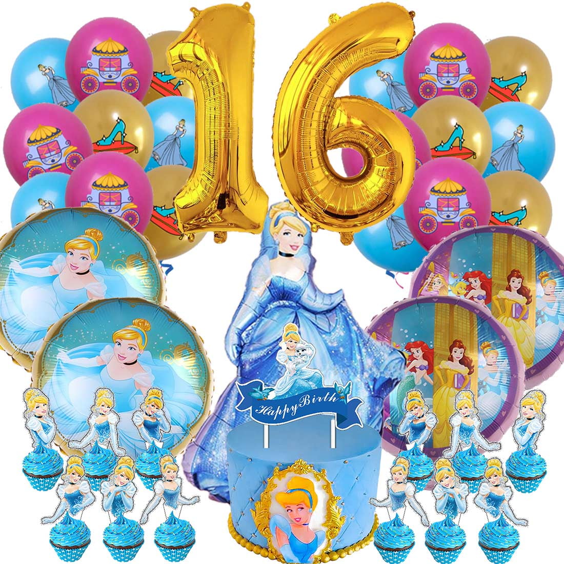 Cinderella Party Supplies 16th Decor Kit Balloons Birthday Cake Topper ...