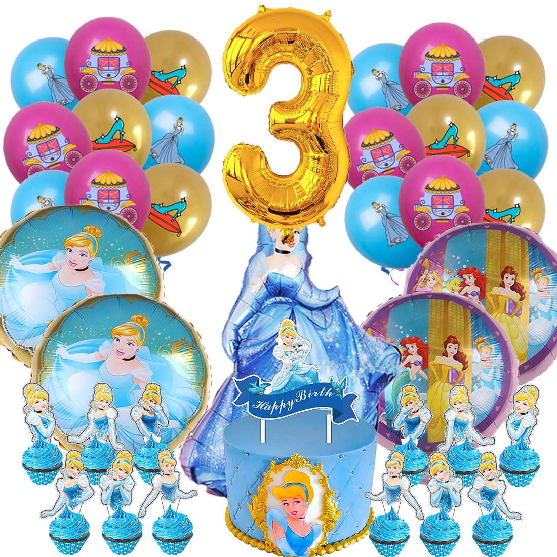 Cinderella Party Supplies 3rd Decor Kit Balloons Birthday Cake Topper ...