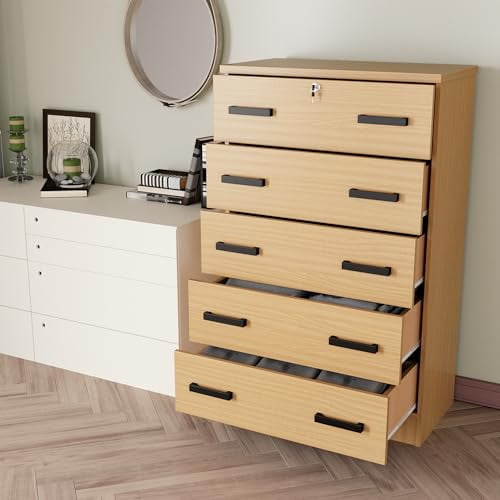Cindy 5 Drawer Chest Wooden Dresser with Lock (Dark Grey & Natural Oak ...