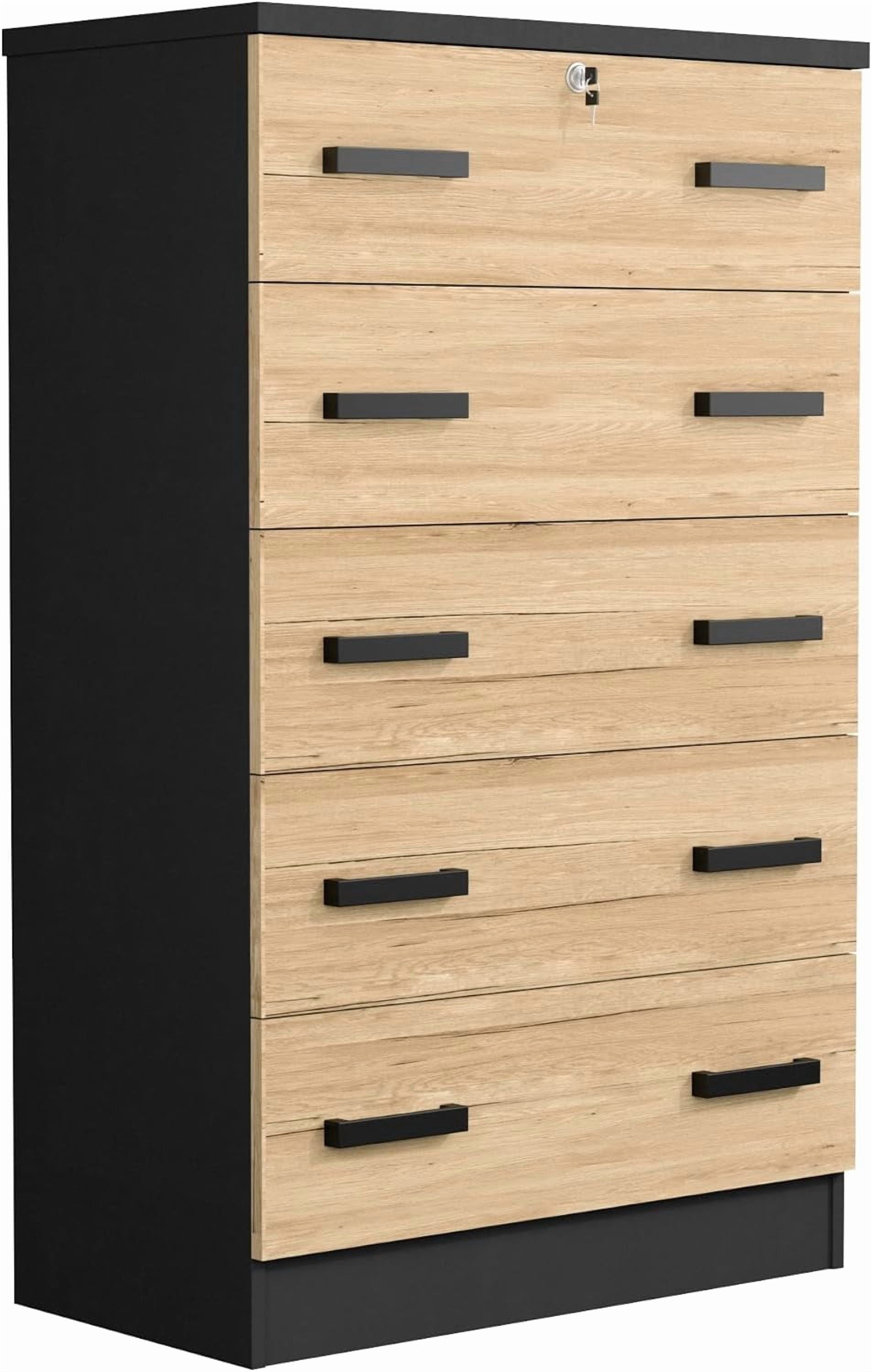 Cindy 5 Drawer Chest Wooden Dresser with Lock (Dark Grey & Natural Oak ...
