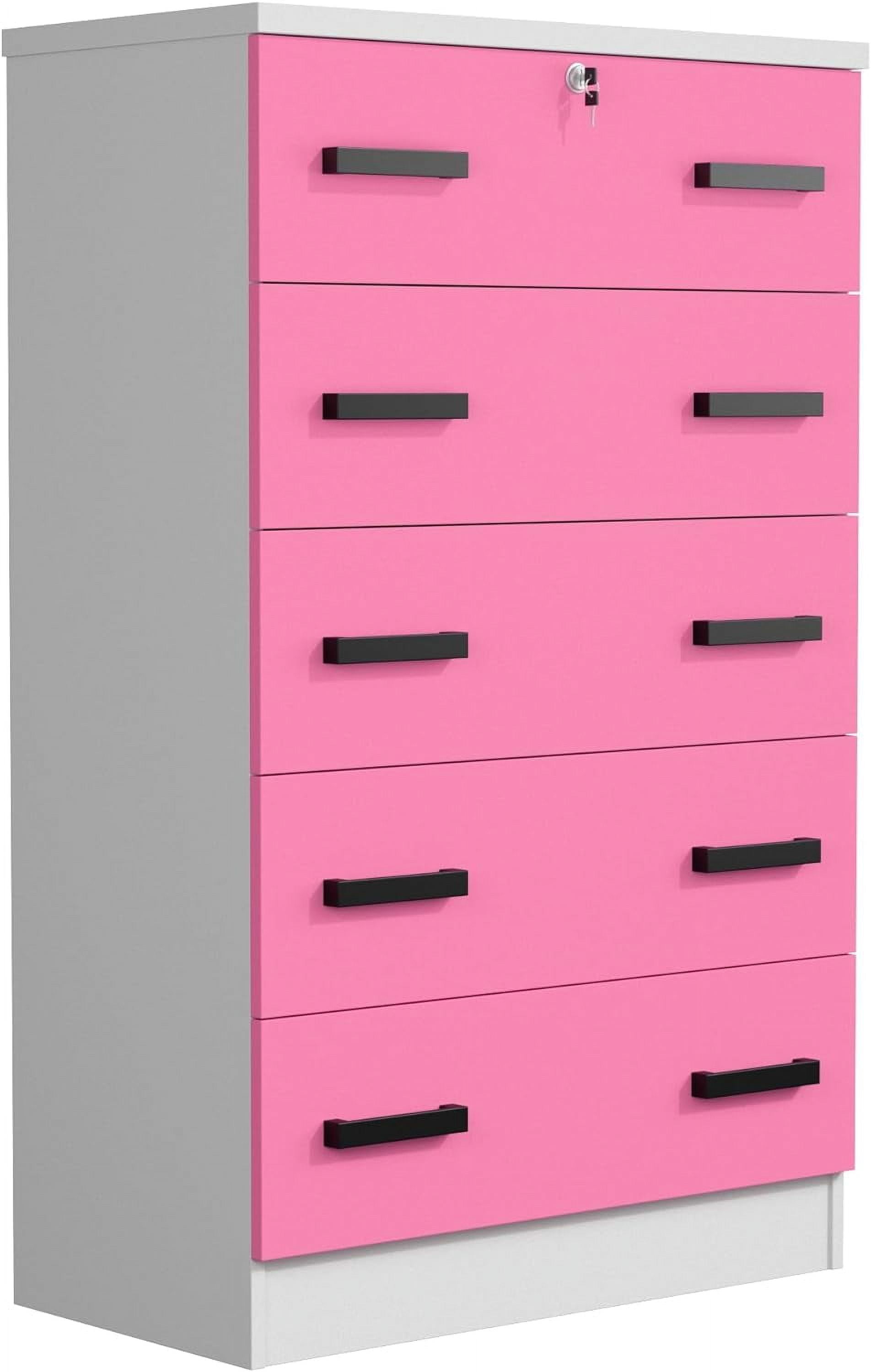Cindy 5 Drawer Chest Wooden Dresser with Lock (White and Pink ...