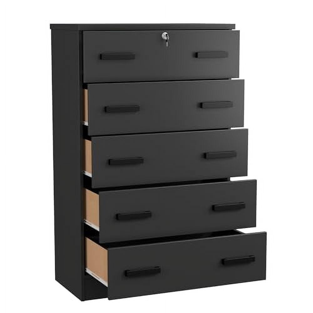 Cindy 5 Drawer Chest Wooden Dresser with Lock in Black (Black ...