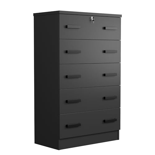 Cindy 5 Drawer Chest Wooden Dresser with Lock in Black (Black ...