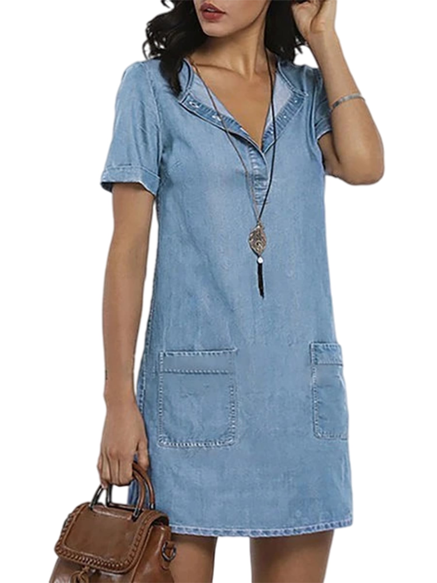 Cindysus Casual Shift Dress for Women Denim Shirt Dress Short Sleeve ...