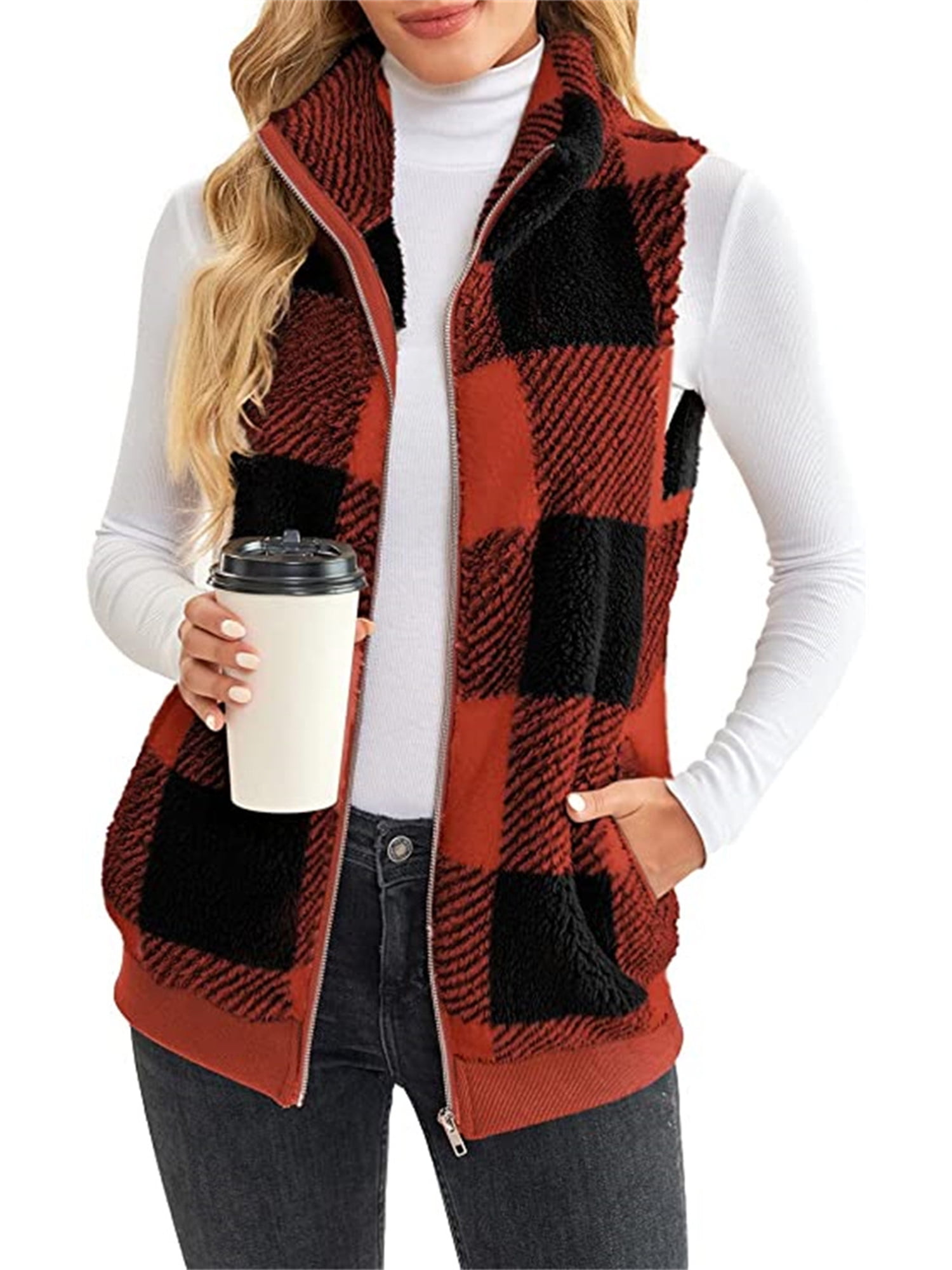 Cindysus Ladies Fluffy Zip-Up Outwear Women V Neck Jacket Vest ...