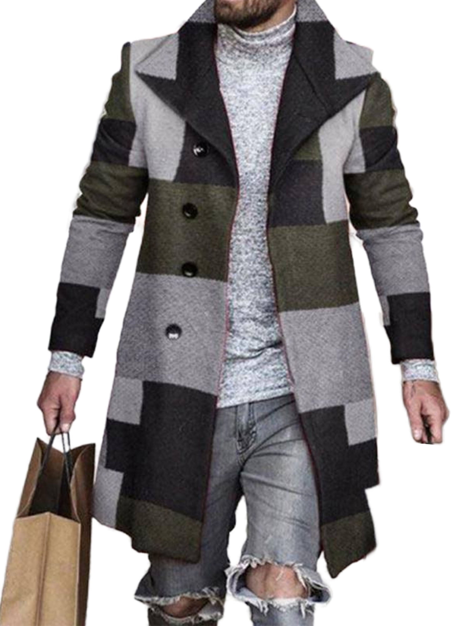 Cindysus Men's Plaid Single Breasted Peacoat, Slim Fit Business Jacket ...