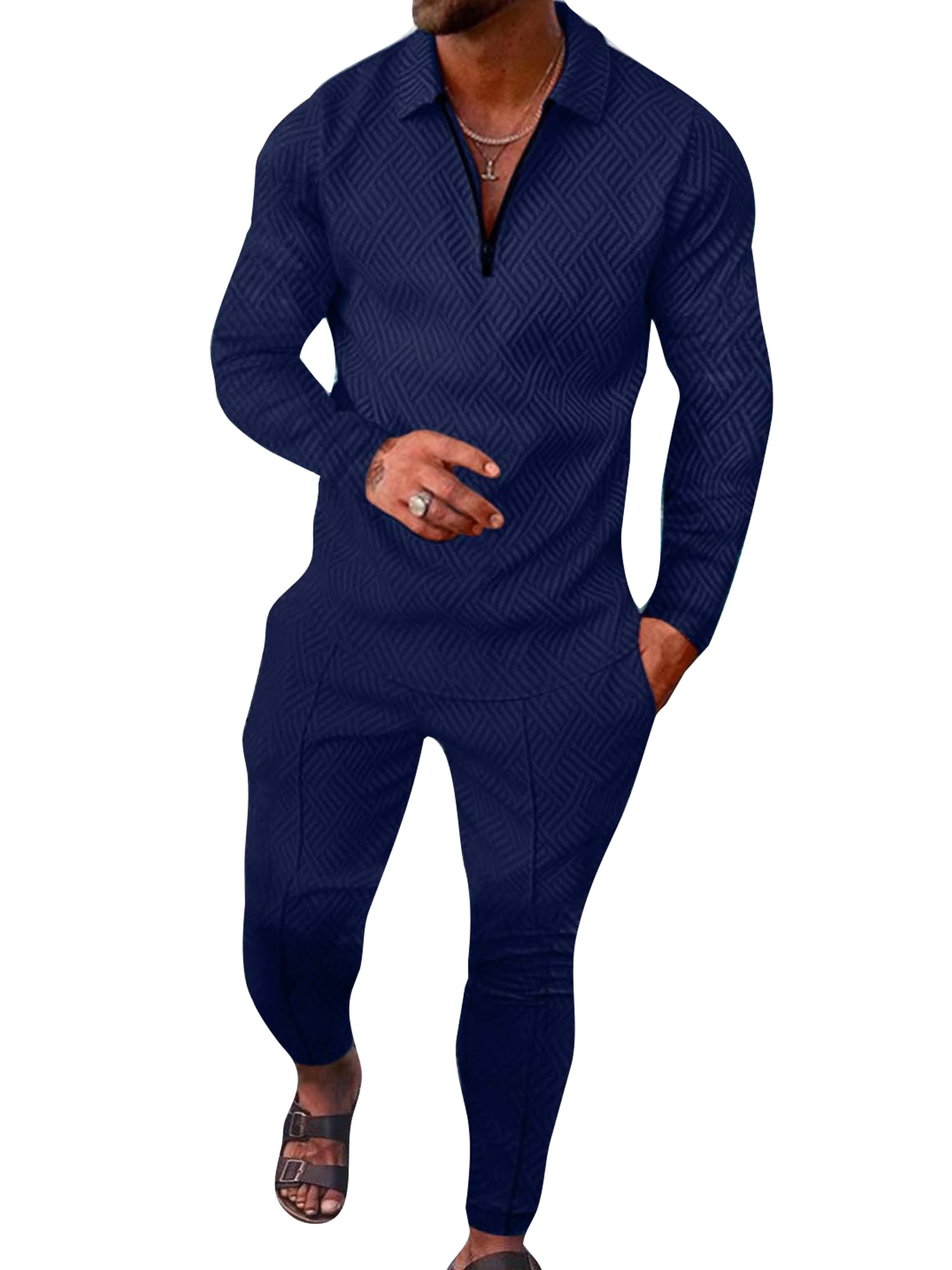 Cindysus Mens Jogging Sweat Set Polo Zipper V Neck Sweatsuits Long ...