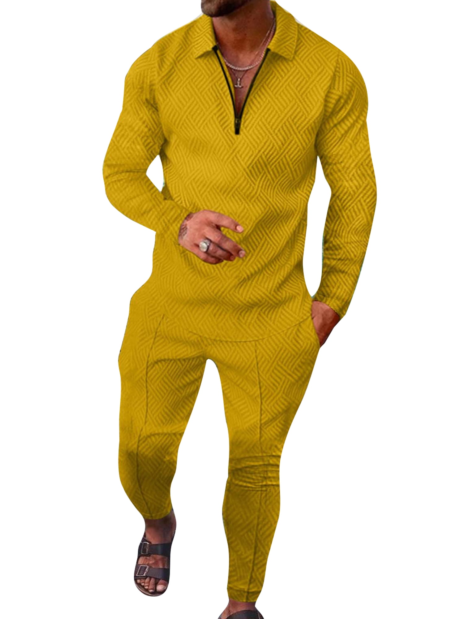 Cindysus Mens Jogging Sweat Set Polo Zipper V Neck Sweatsuits Long ...
